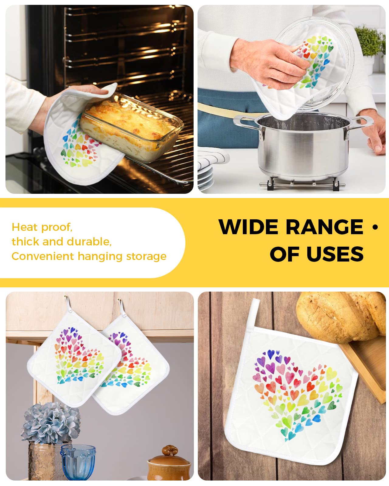 Pot Holders for Kitchen Colorful Rainbow Love Heart Heat Resistant Potholders Summer Romantic Hot Pads Non Slip Kitchen Pot Holders Set of 2 for BBQ Cooking Baking Grilling