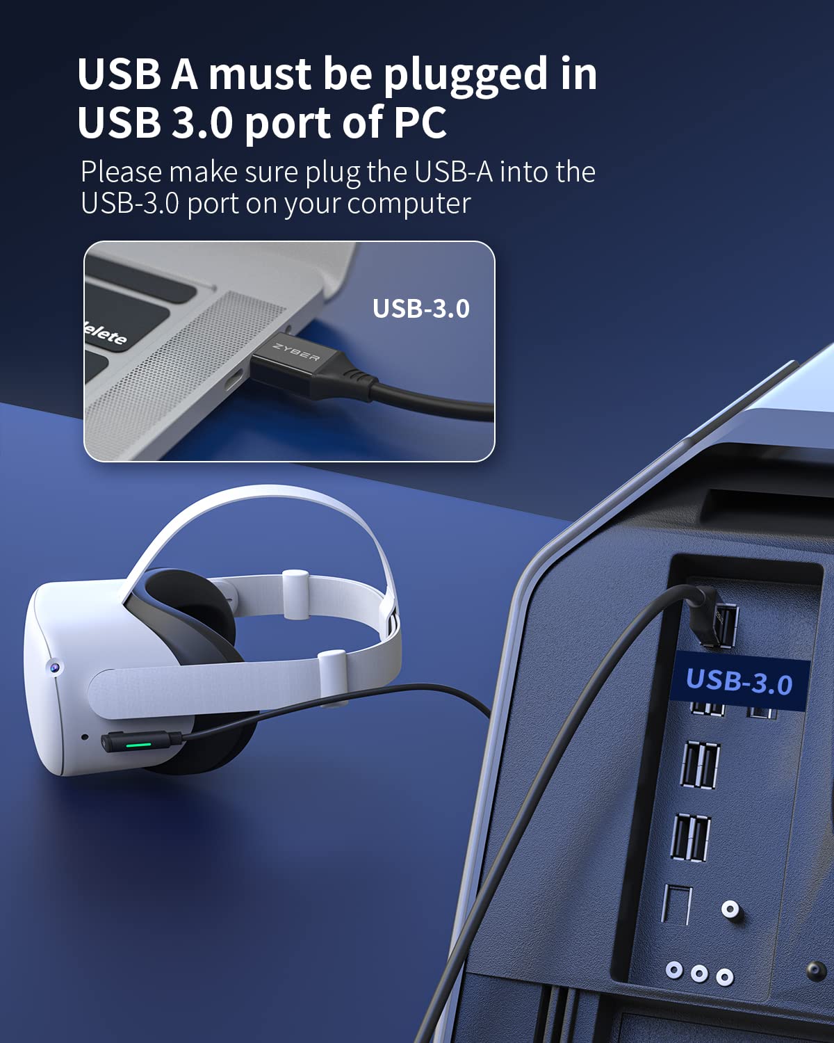 ZYBER Link Cable 5M/16 FT for Oculus Quest 2 and PICO 4, VR Headset Link Cable for Meta Quest Pro 2/1 Gaming PC, High-Speed USB 3.0 to USB C Cable for PC VR and Steam VR (Black)