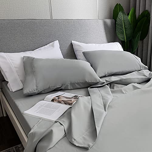 Plushii Twin Size Sheet Set, Luxury 4 Piece Twin Bedding Set Made of Ultra Soft High Thread Count Microfiber,Includes 1 Flat Sheet, 1 Fitted Sheet with Deep Pocket and 2 Pillowcases, Gray
