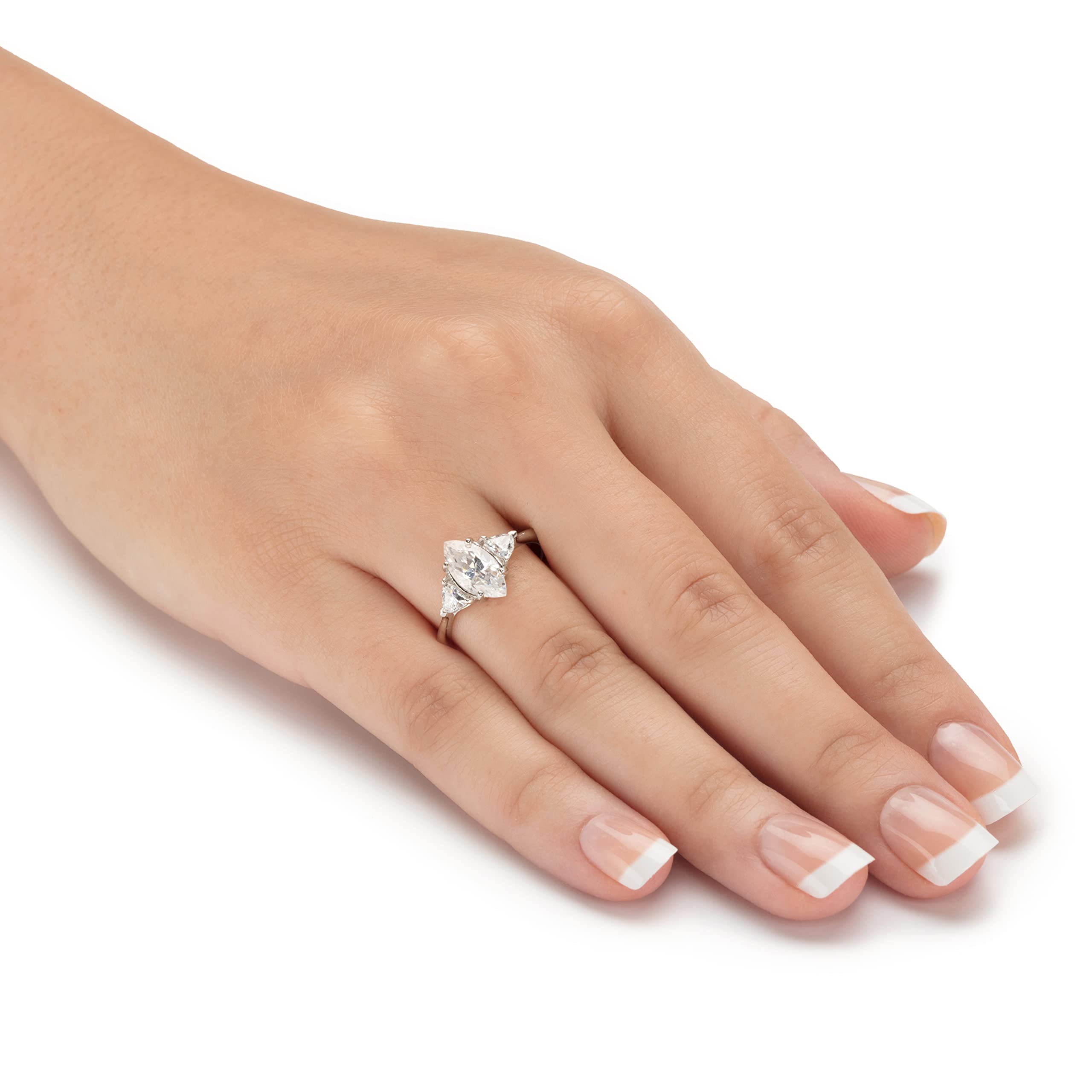Platinum-plated Sterling Silver Marquise Cut Cubic Zirconia 3-Stone Engagement Ring Sizes 6-10 Size 7