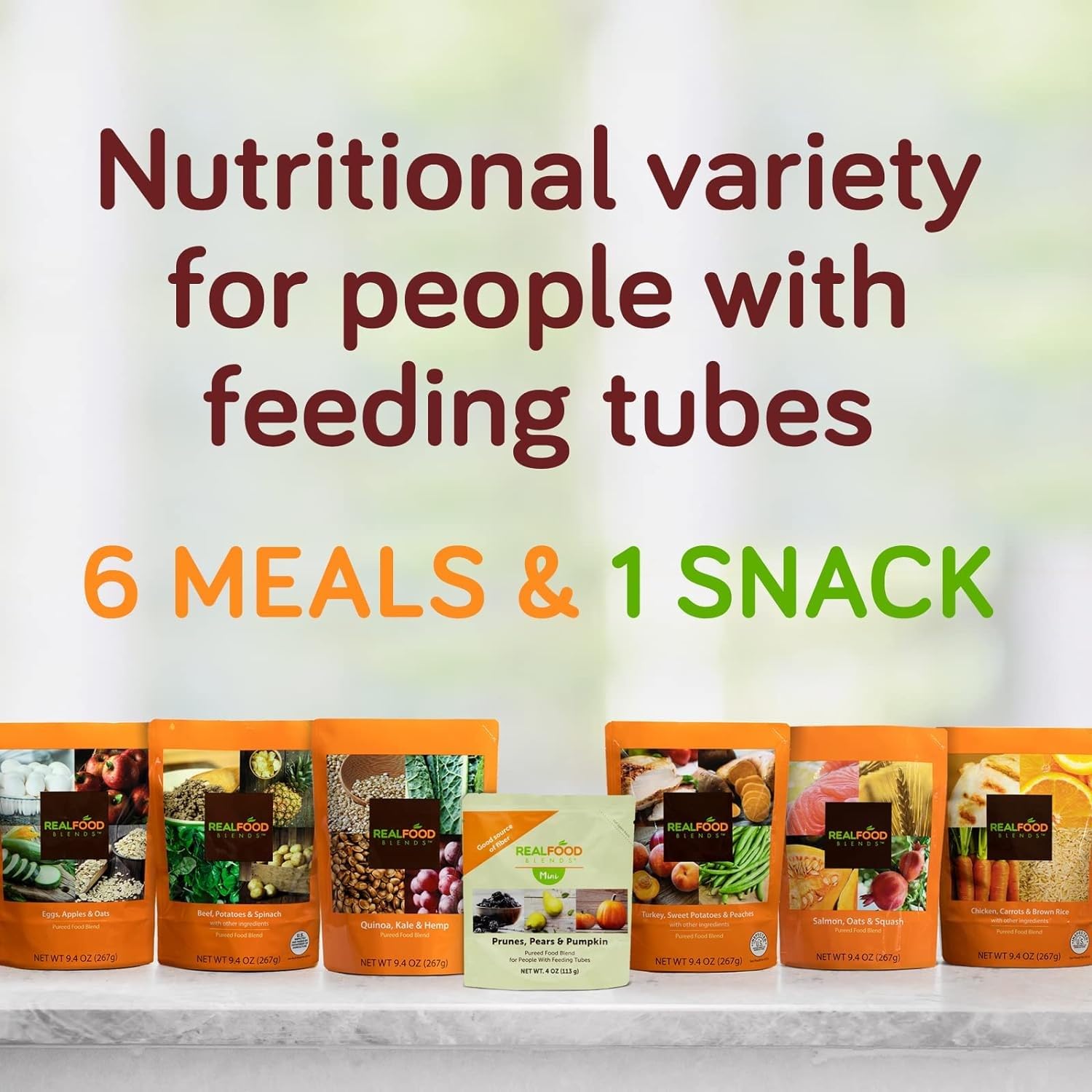 Real Food Blends Quinoa, Kale & Hemp - Pureed Food Meal for Feeding Tubes, 9.4 oz Pouch (Pack of 12 Pouches)