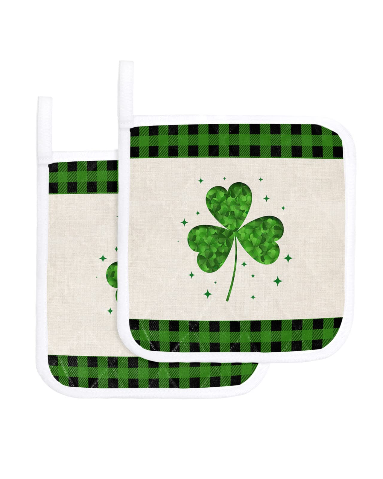 Pot Holders Set of 2,Irish Saint Patricks Green Shamrock Potholder for Kitchen Heat-Proof Hot Pads,Light Clover Black Plaid Vintage Cotton Linen Hot Mats Potholders for Cooking Baking BBQ