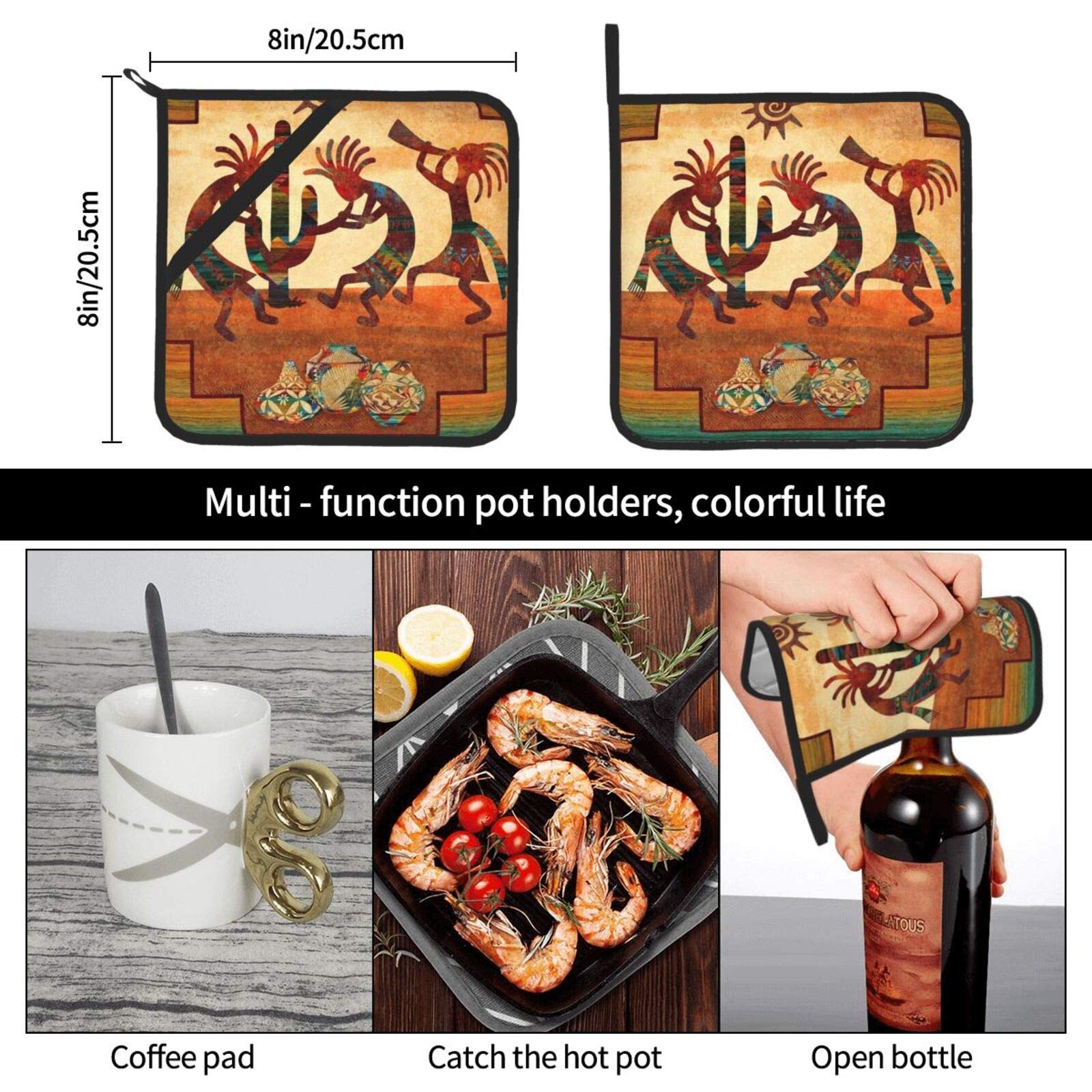 Pot Holders Southwest Native American Kokopelli Square Heat Resistant Kitchen Potholder Set of 2 for Cooking Baking BBQ Oven Hot Pads Oven Mitts 8 X8 Inch