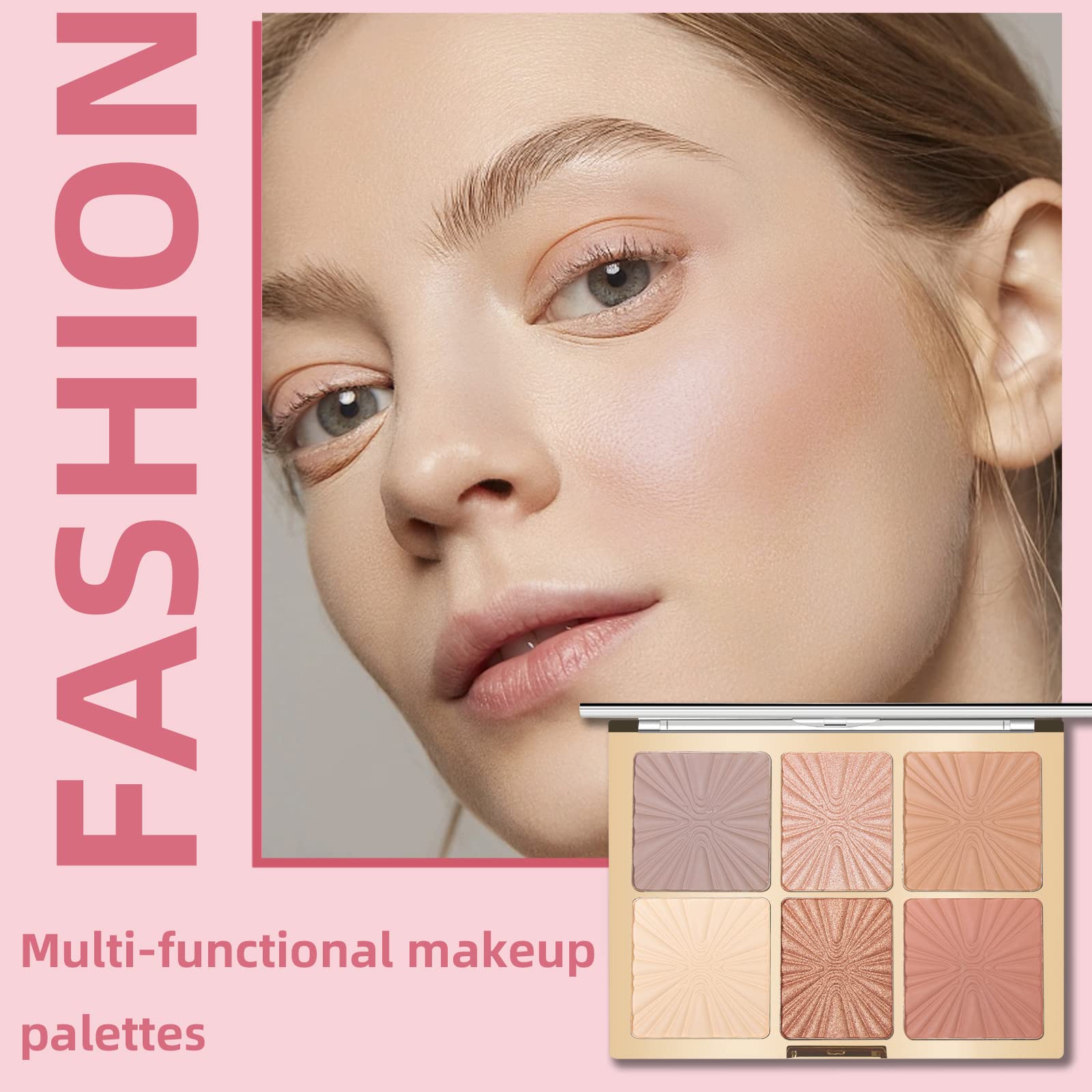 NewBang 6 Colors Blush Highlighter Makeup Palette,Bronzer Powder Matte Shimmer Metallic Finish,Face Blusher Contour Highlight Glitter Waterproof & Long Lasting Bling Natural Sparkle for Woman