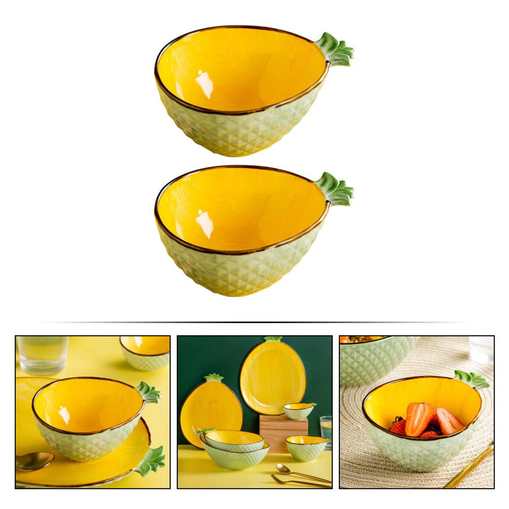 SEWACC Ceramic Hawaiian Pineapple Bowl: 2pcs Tropical Theme Porcelain Soup Oatmeal Cereal Stew Dessert Bowl Salad Pasta Rice Yoghurt Condiments Side Dishes Dip Ramen Noodle Plate
