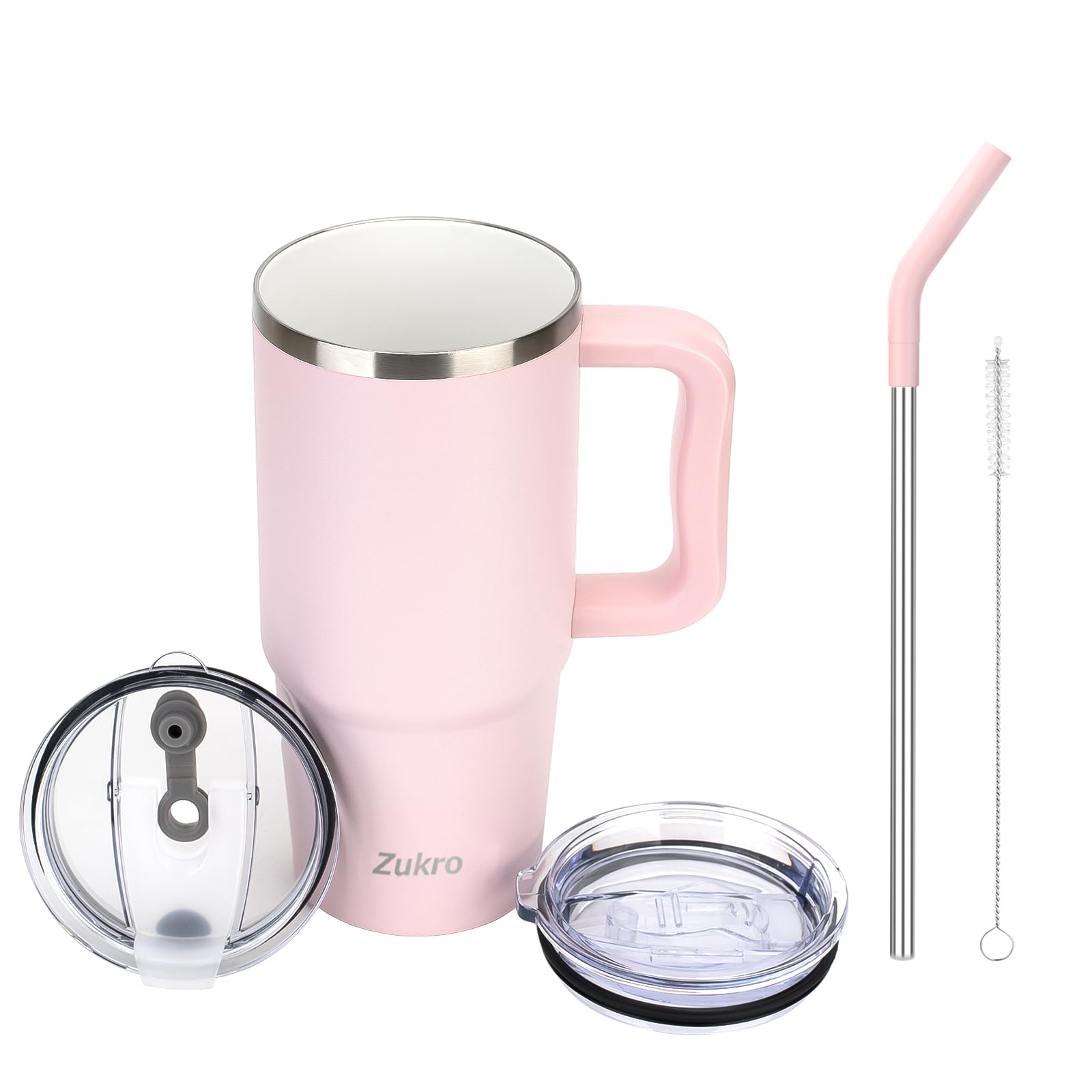 Zukro 24 oz Ceramic Coated Interior Tumbler with Handle and Straw, No Metal taste or Smell, Leakproof No Sweat Stainless Steel Coffee Cup with 2 Lids, Dishwasher Safe Insulated Travel Mug, Pink
