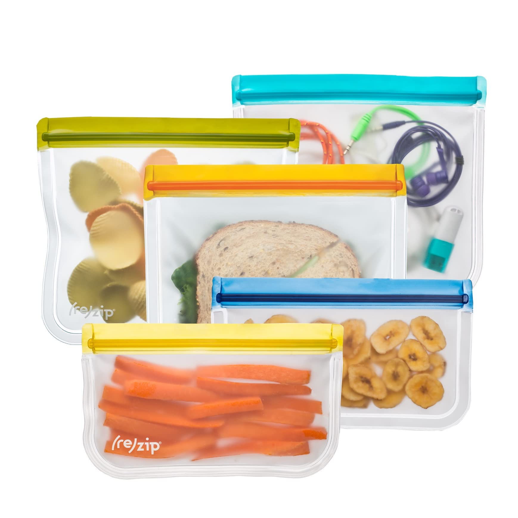 rezip 5-Piece Flat Lunch Reusable BPA-Free Food Grade Storage Bag Kit, Leakproof, Freezer Safe, Dishwasher Safe, Travel Friendly, (3) Lunch (3.5-Cup/28-Ounce), (2) Snack 1-Cup/8-Ounce, (Multicolor)