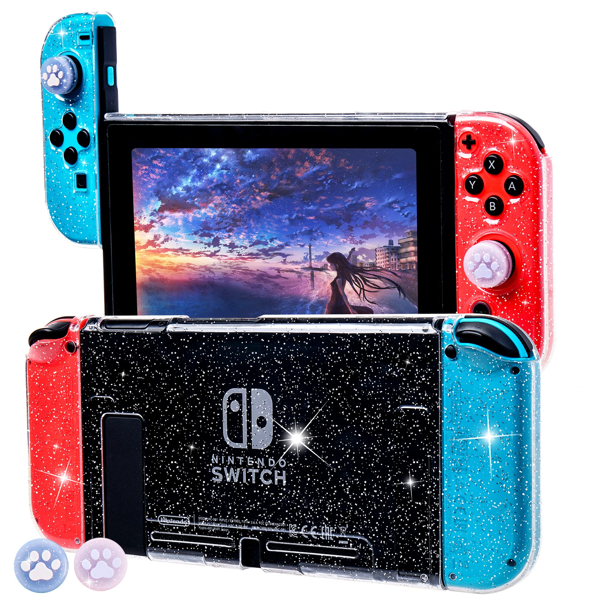 RHOTALL Dockable Case for Nintendo Switch, Glitter Bling Hard PC Protective Cover for Switch and Joy Con Controller with 2 Cute Cat Paw Thumb Grip Cap - Glitter Skin