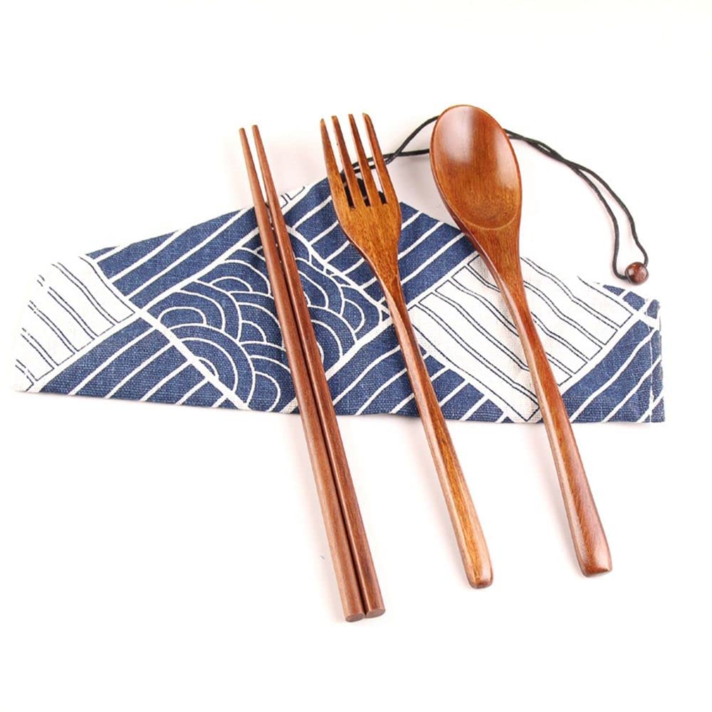 Leadigol Wooden Fork and Spoon Chopsticks Tableware Kitchen Dinnerware Set With Cloth Bag Travel Gift Cooking Tools Portable Flatware Bags