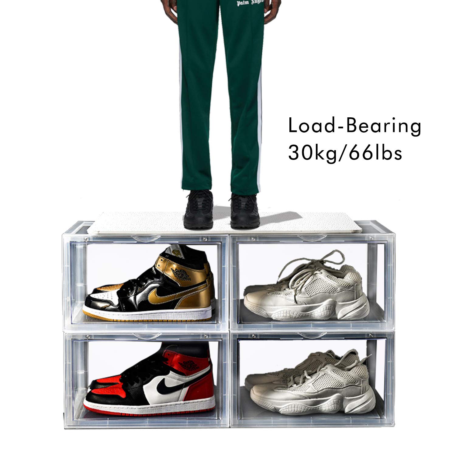 Melody House Shoe Storage Boxes Clear Plastic Stackable Shoe Container Display Shoe Organizer with Drop Front for Sneaker, High-Heel, Boots Transparent 2 Pack