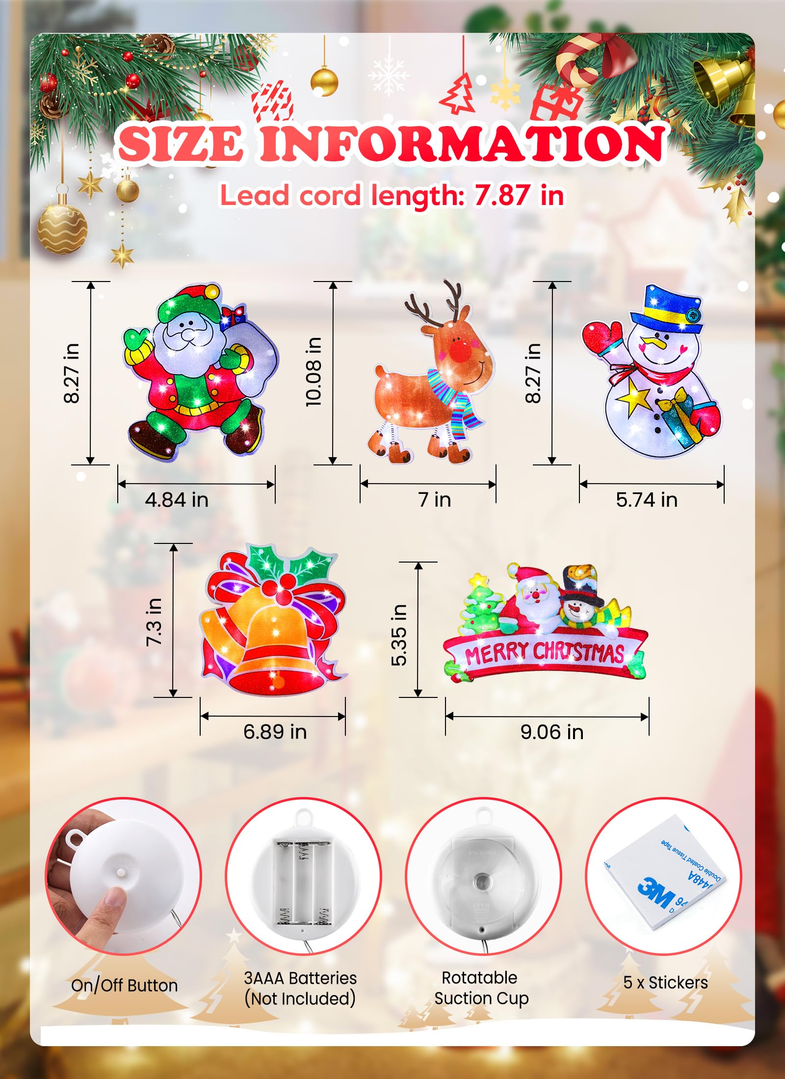 Minetom 5pcs Christmas Window Lights Decorations, Battery Operated with Suction Cup Hook Light Up Santa Claus-Reindeer-Xmas-Snowman Shaped for Christmas Window Decorations Glass Wall Indoor Decor