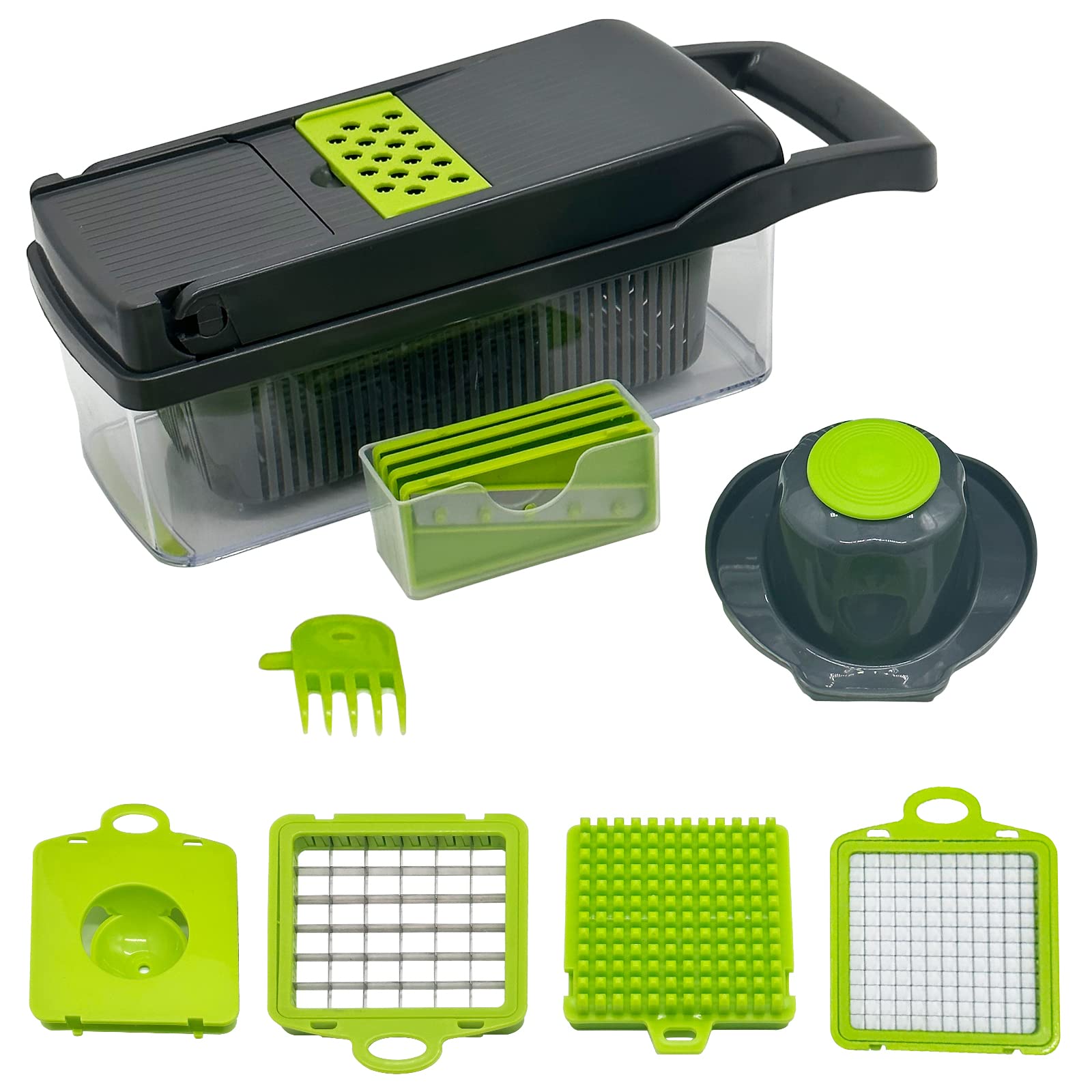 Lovelybren 12-in1 Vegetable Chopper - Heavy Duty Mandoline Slicer For Kitchen With 7 Blades, Egg Separator, Strainer - Fruit & Vegetable Slicer With Container - Hand-Wash - 13.4x4.7x4.9", Gray