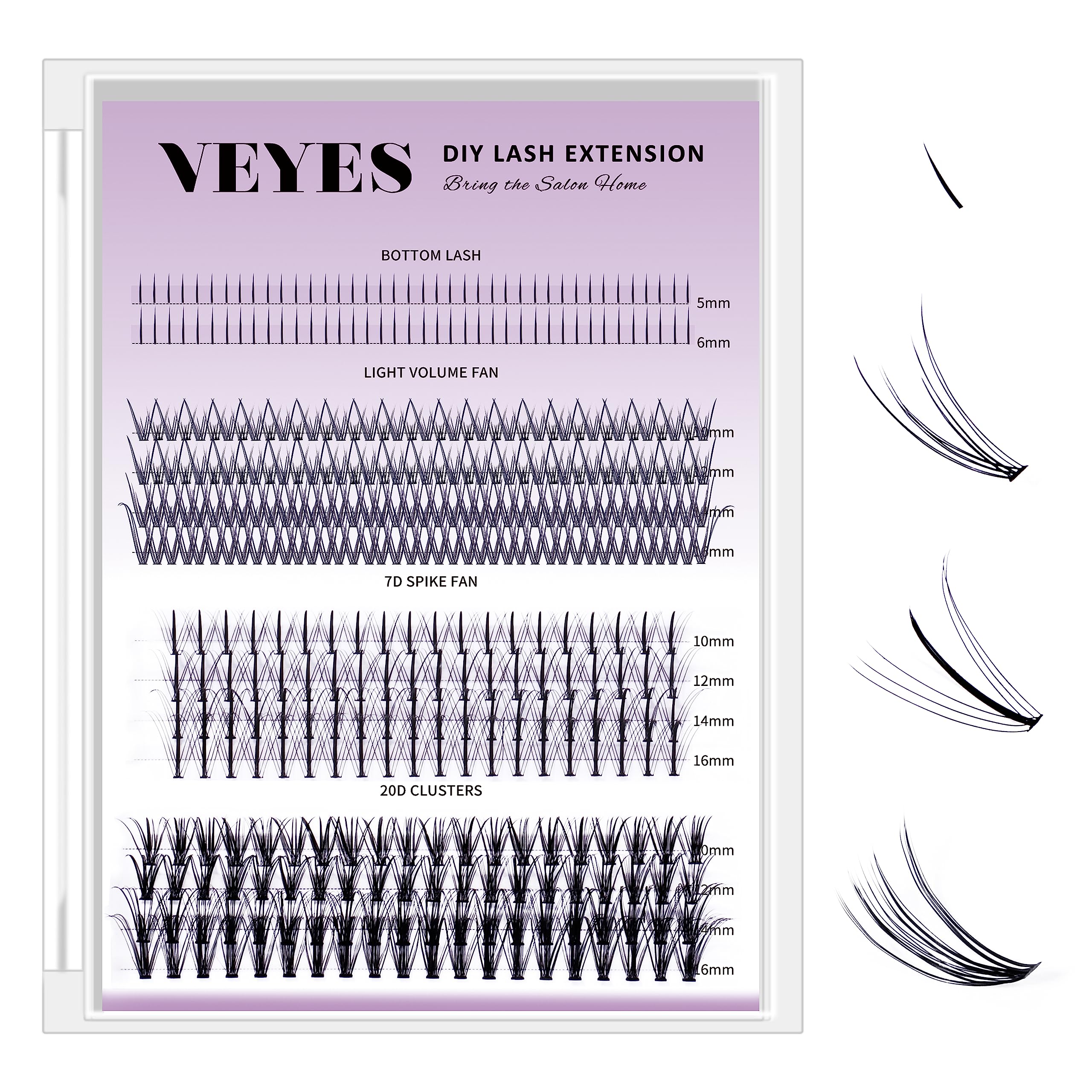 VEYES INC Individual Lash Clusters Mixed Tray 5/6/10/12/14/16mm, DIY Eyelash Extensions at Home, Wispy Lashes for Beginners, Bottom/Light volume/7D Spike/20D Clusters