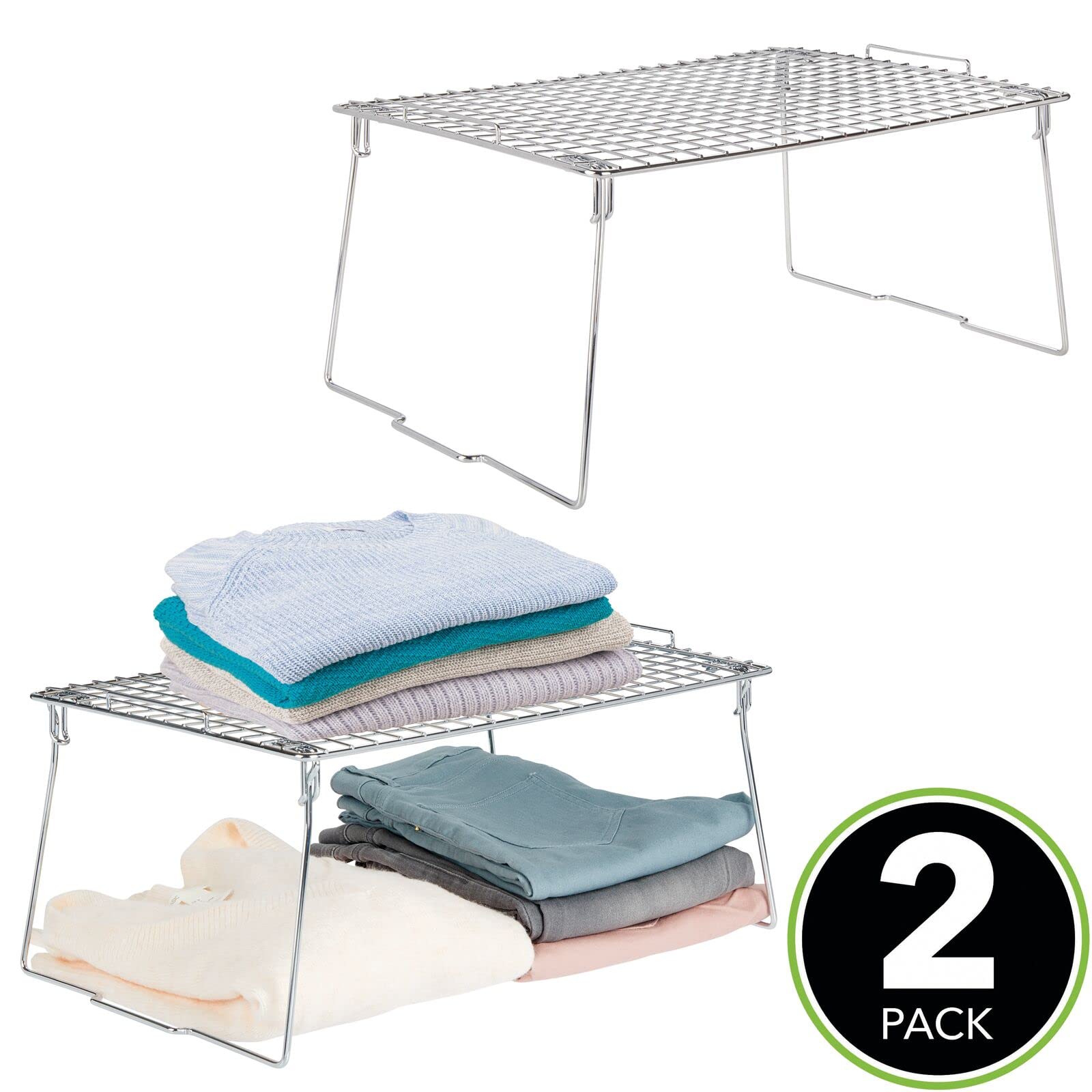 mDesign Farmhouse Metal Stackable Storage Shelf - Closet, Cabinet, Countertop 2-Tier Raised Organizer - for Bedrooms, Bathrooms, Entryways, Hallways - 12" x 17" x 8.4" - 2 Pack - Chrome