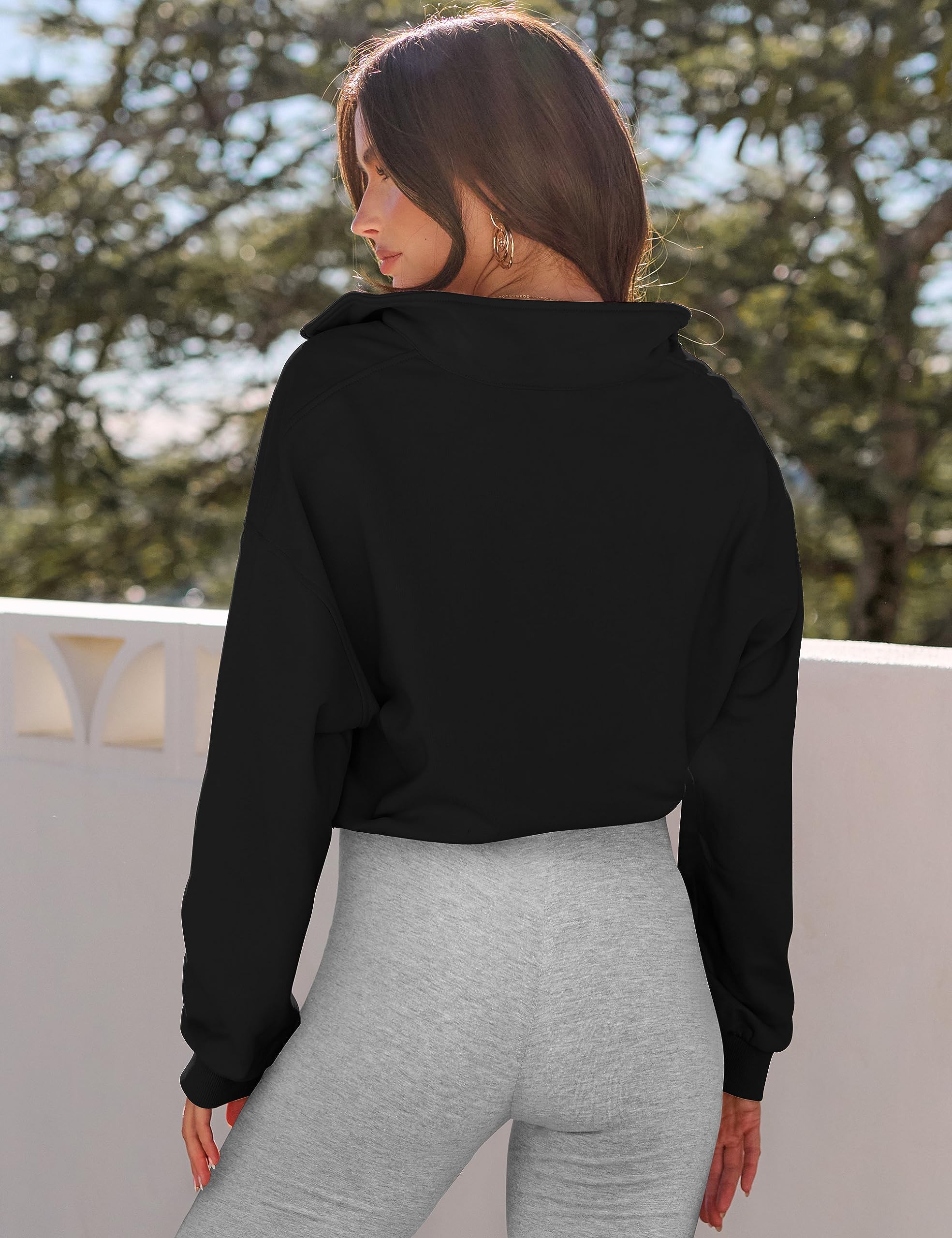 MEROKEETY Women's Quarter Zip Crop Sweatshirt Long Sleeve Stand Collar Drawstring Casual Pullover Top,Black,M