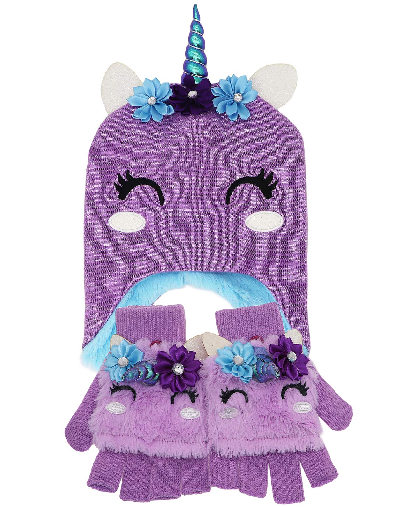 Little Girls Winter Unicorn Beanie Hat and Gloves Set Kids Knitted Earflap Cap Flip Top Mitten Set