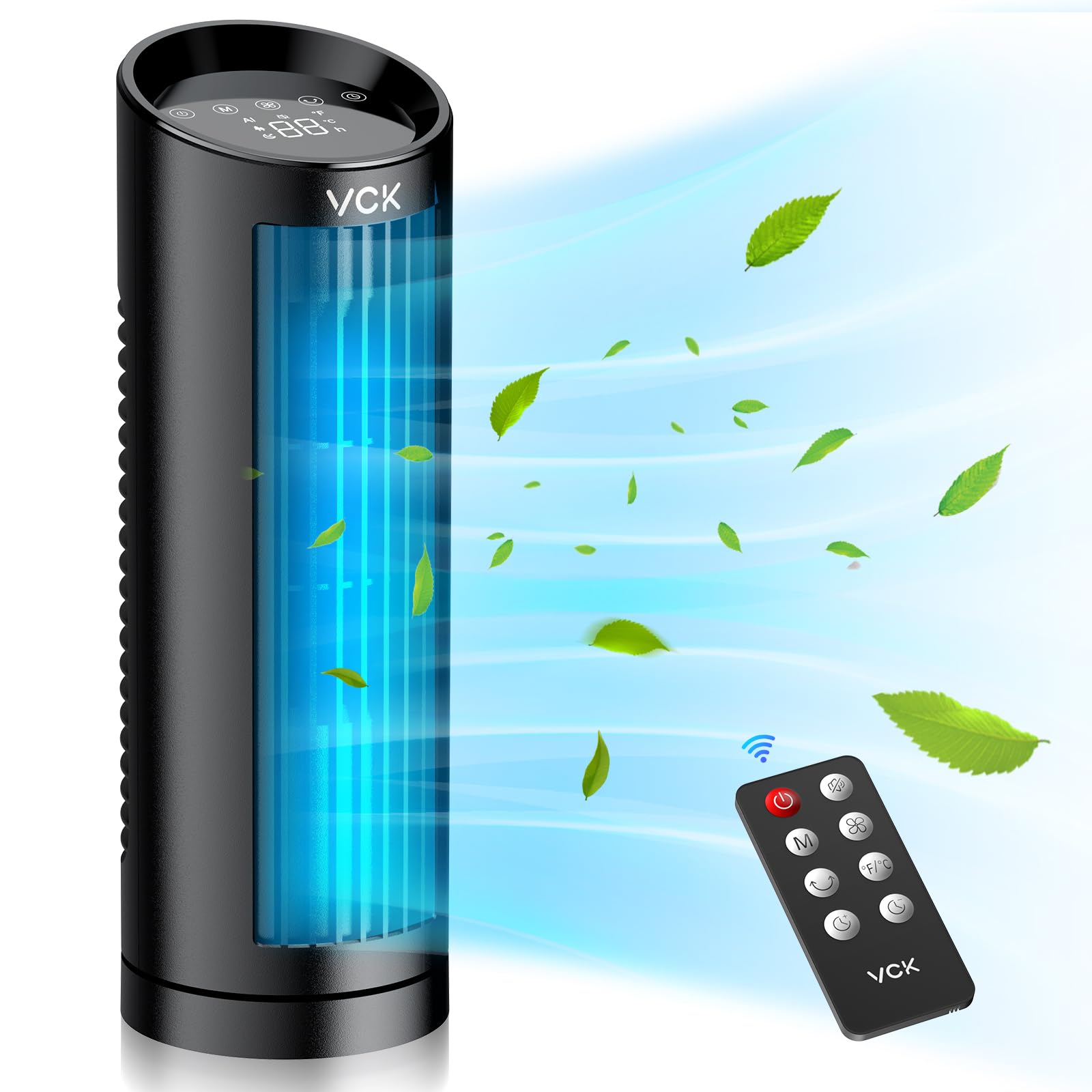 VCK Personal Table Fan, Tower Fan Oscillating Fan, LED Display with Touch, 13'' Remoter Small Desk Fan, Standing Fans, Bladeless Fan, 3 Speeds, 12h Timer, 4 Modes for Home Office Desktop Bedroom