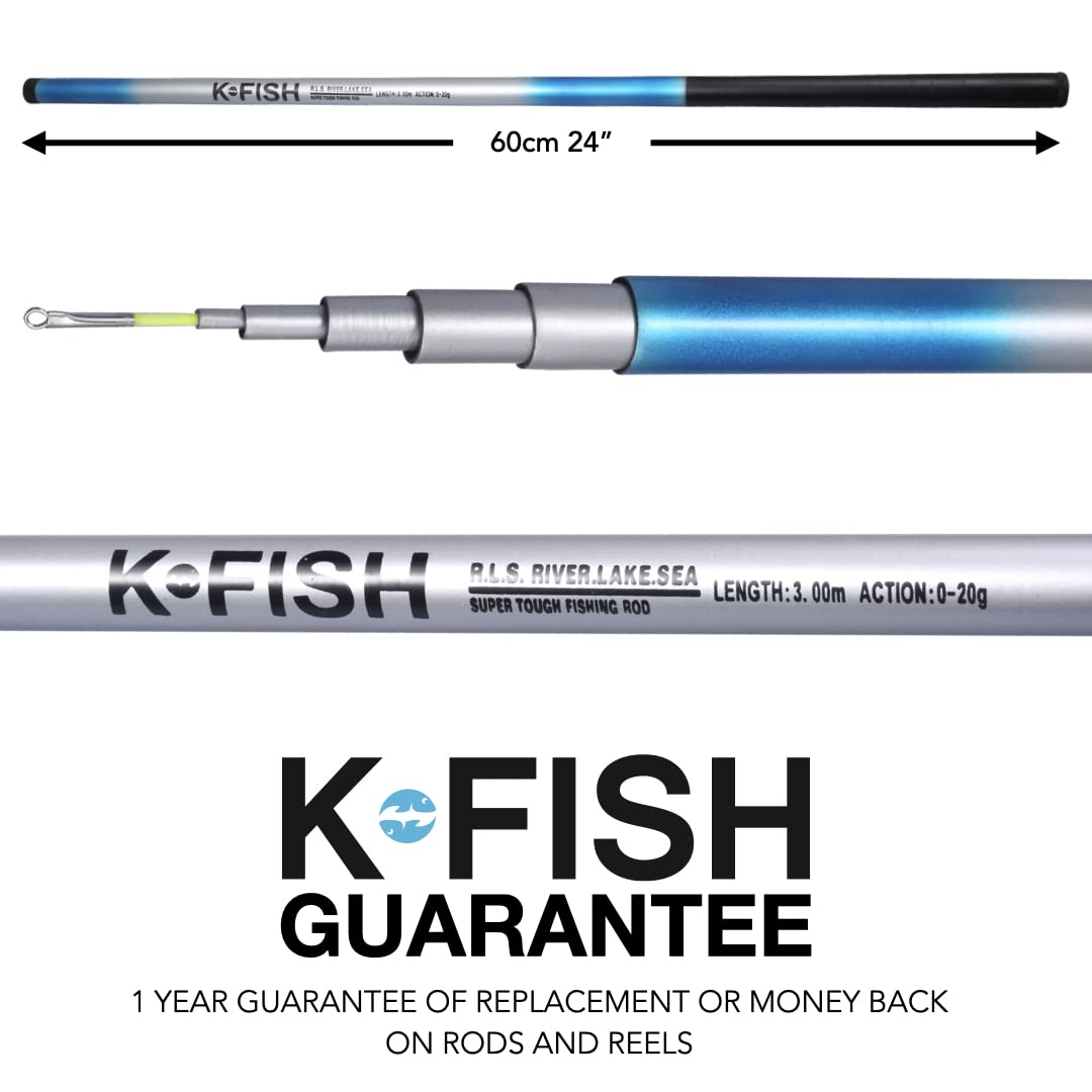 Rigged and Ready K-Fish 3m Telescopic Fishing Whip Pole, Float rigs Hooks Tackle. Pole 3 Pole rigs Hooks line Box 37 Pcs Tackle Lures Accessories. Fish Guide. Saltwater Freshwater Fish. Start Fishing