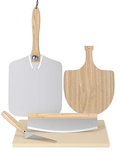 SHINESTAR Rectangular Pizza Stone and Peel Set - 15"x12" Baking Stone, Metal & Wood Pizza Peel, Pizza Grilling Stone Kit for Oven, Grill, Bread and BBQ (5PCS)