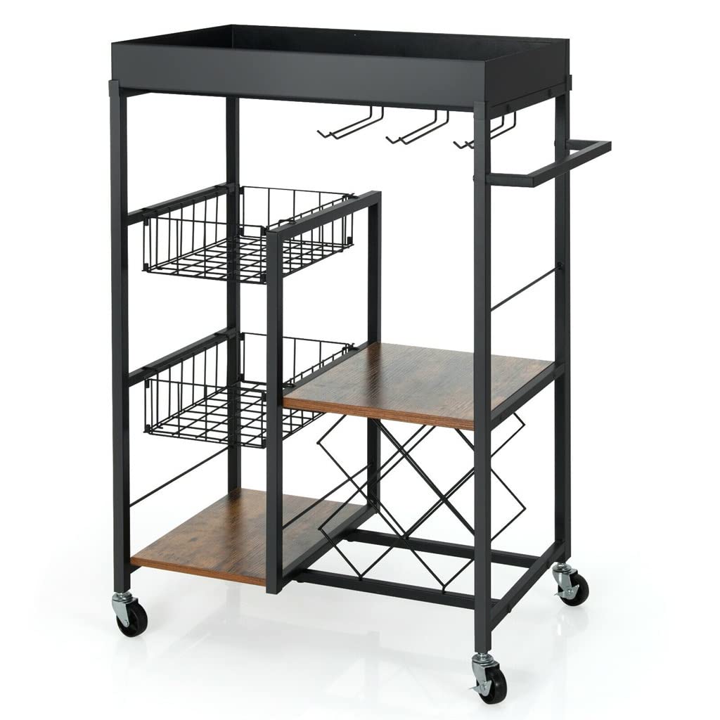 ZLXDP 4-Tier Kitchen Bar Cart Rolling Serving Trolley Wine Rack Removable Tray Basket