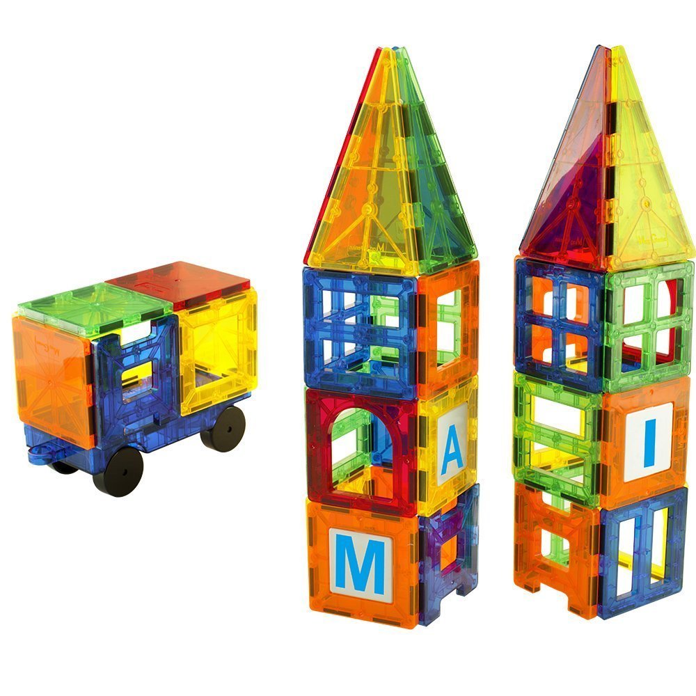 Mag Genius Magnet Tiles - Clear Magnetic 3D Building Blocks - Educational Toys, Games, Activities, Puzzles - Creativity, Motor Skills, Learning Shapes - Storage Bin, 2 Car Base, 120pcs, 13 Click-Ins