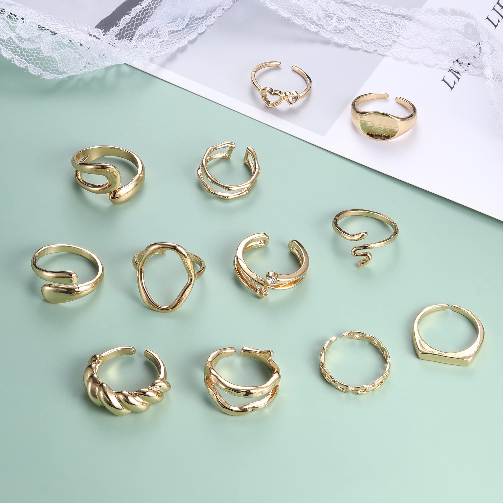 ORAZIO 12PCS Adjustable Rings for Women Gold Plated Chunky Rings Snake Croissant Stackable Adjustable Open Rings Statement Band Rings Jewelry Set