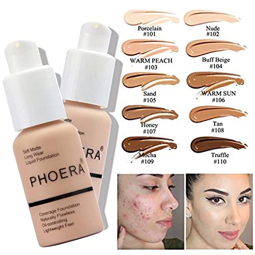 PHOERA Foundation, Full Coverage Foundation, PHOERA Primer, PHOERA Powder, PHOERA Makeup Set, Kabuki Makeup Brushes Foundation Brush Powder Brush,2 Pcs Makeup Sponge (102 Nude + 104 Buff Beige)