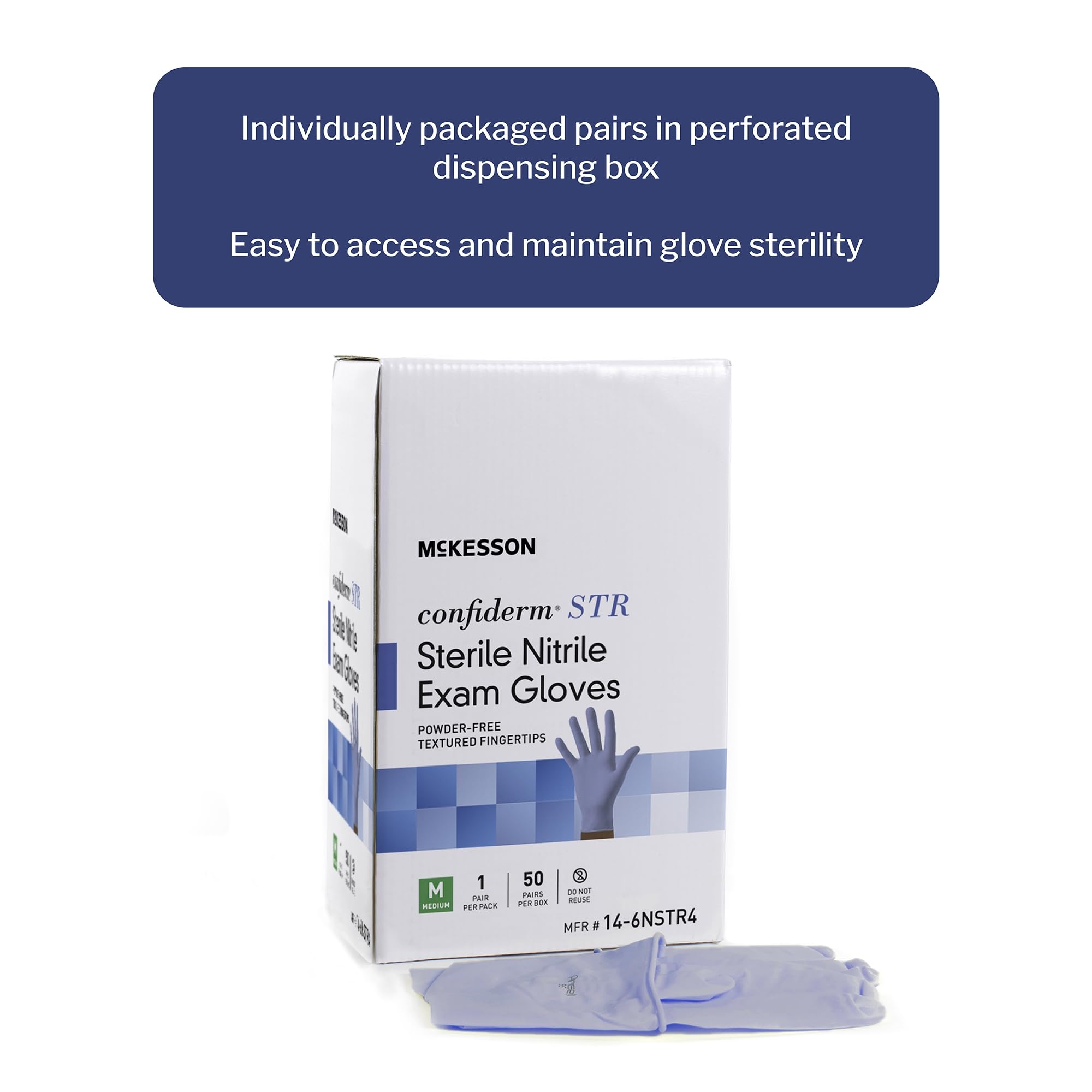 McKesson Confiderm STR Disposable Sterile Pair Nitrile Exam Glove Standard Cuff Length MEDIUM 14-6NSTR4 50 per Box