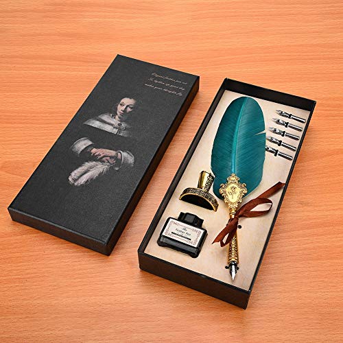 Quill Pen Feather Pen, Handmade Antique Calligraphy Pen Set, Writing Quill Pen with 5 Replacement Nibs & Empty Ink Bottle, Stationery Gift Come with Gift Box