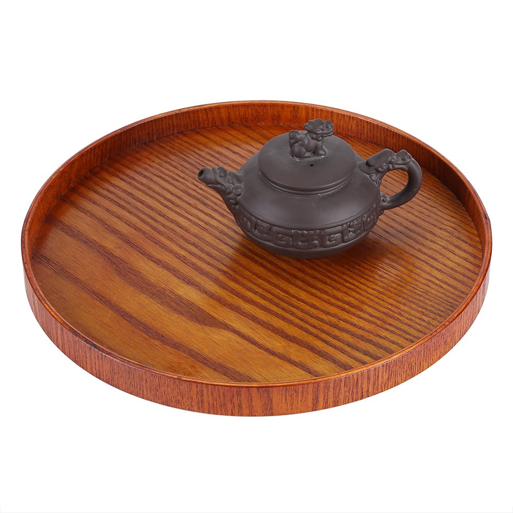 Round Serving Tray, Round Wood Serving Tray, Bar Cafe Wooden Plate Tea Food Server Dishes Water Drink Platter(24CM)