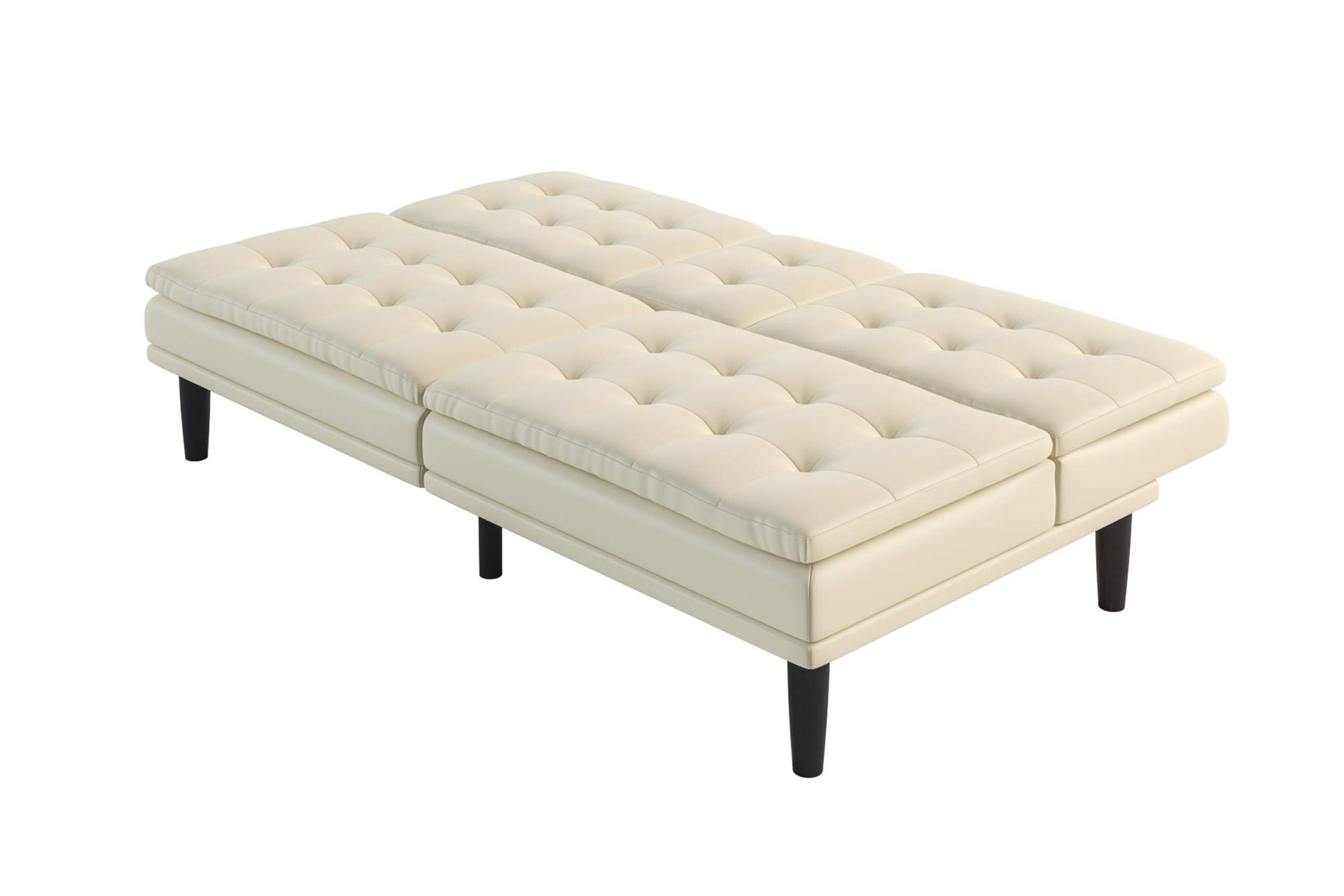 Memory Foam Faux Leather Pillowtop Futon with Cupholder, Vanilla Faux Leather Colors Ideal for Small Living Spaces