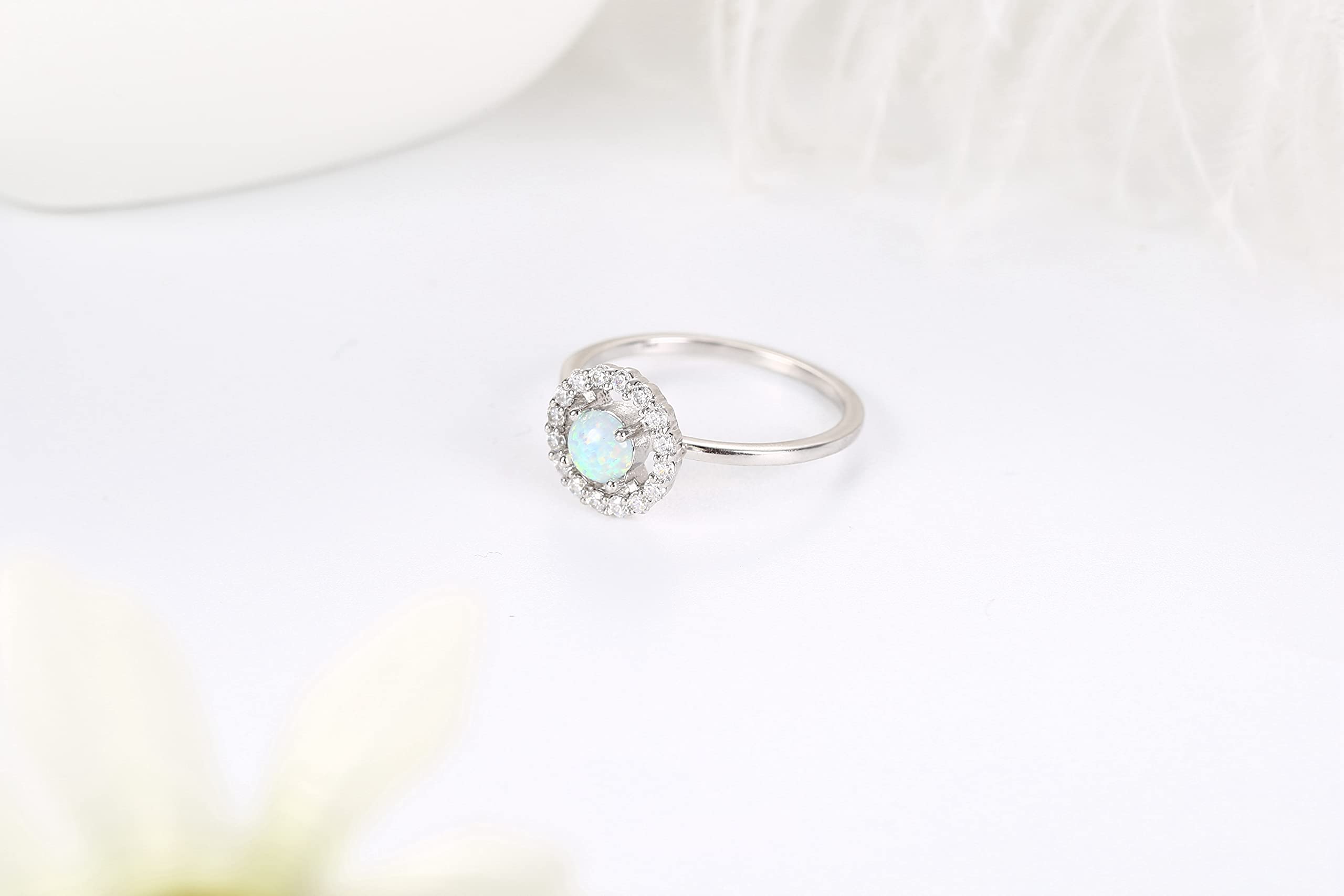 MUSECLOUD Created Opal Rings 925 Sterling Silver Birthstone Rings for Women White Gold Plated Halo Band Rings Birthday Gift Eternity Promise Engagement Rings for Her Size 5-9(7)