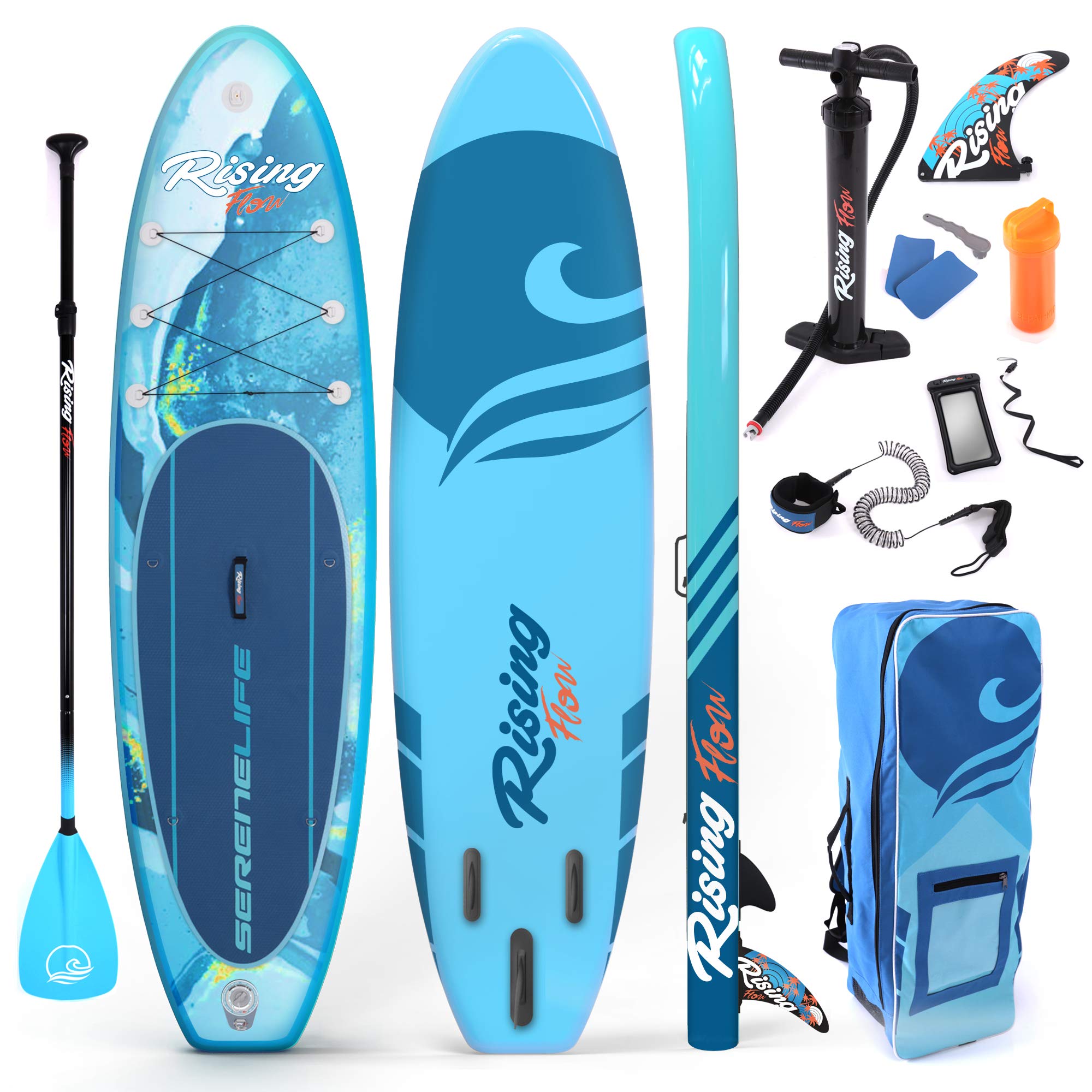 SereneLife Inflatable Stand Up Paddle Board (6 Inches Thick) with Premium SUP Accessories & Carry Bag + Serene Life Digital Electric Air Pump Compressor - 110W 12 Volt Quick Air Inflator