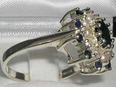 LetsBuyGold 925 Sterling Silver Real Genuine Sapphire and Cultured Pearl Womens Band Ring - Size 7