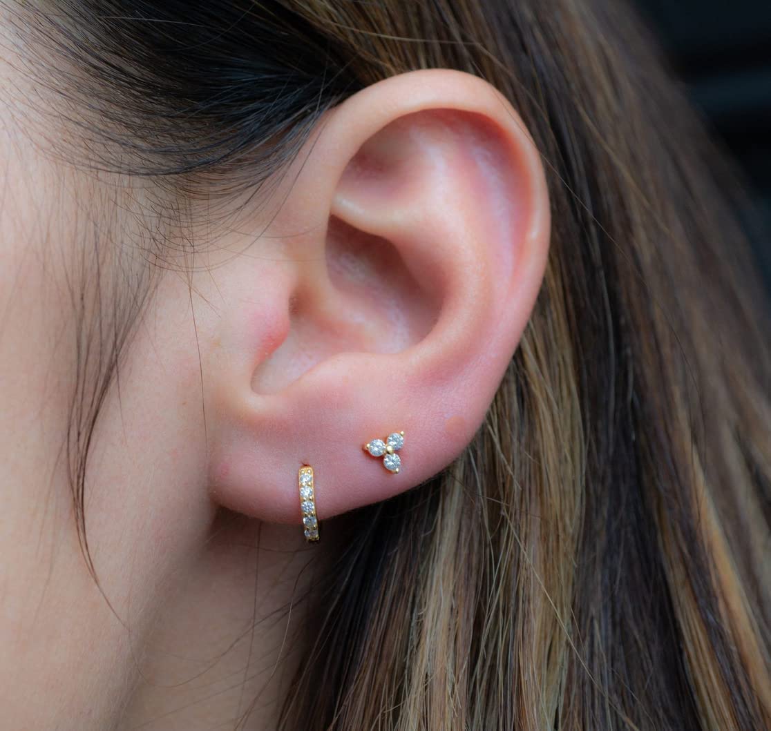 Solid 14k Gold Mini Lotus Cubic Zirconia Studs, Trefoil Trinity Triple Cluster Minimalist Earrings (White Gold)