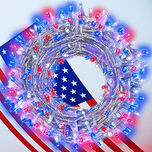 YAOZHOU 4th of July Decorations Patriotic Lights-Red White and Blue String Lights Indoor, 200LED 66FT Outdoor, 8 Modes for Christmas, Independence Day, Bedroom, Garden, Patio, Yard