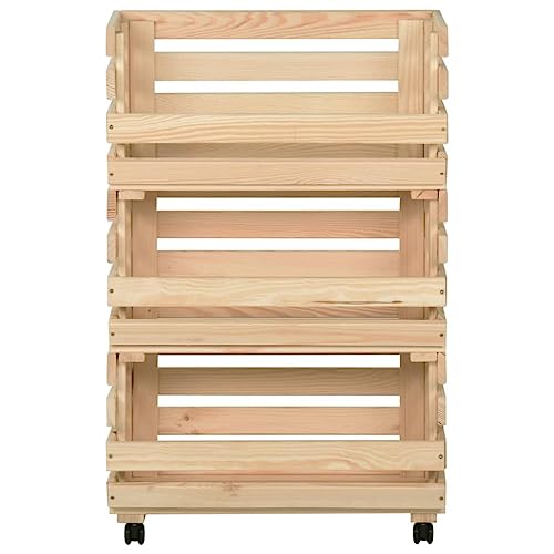 loibinfen Wooden Vegetable Trolley, 3-Tier Wood Kitchen Rolling Cart, Wood Trolley Island Cart, Utility Cart Multi-Layer Storage Shelf Rack on Wheels, 14.6"x11.8"x31.5" Solid Wood Pine -295