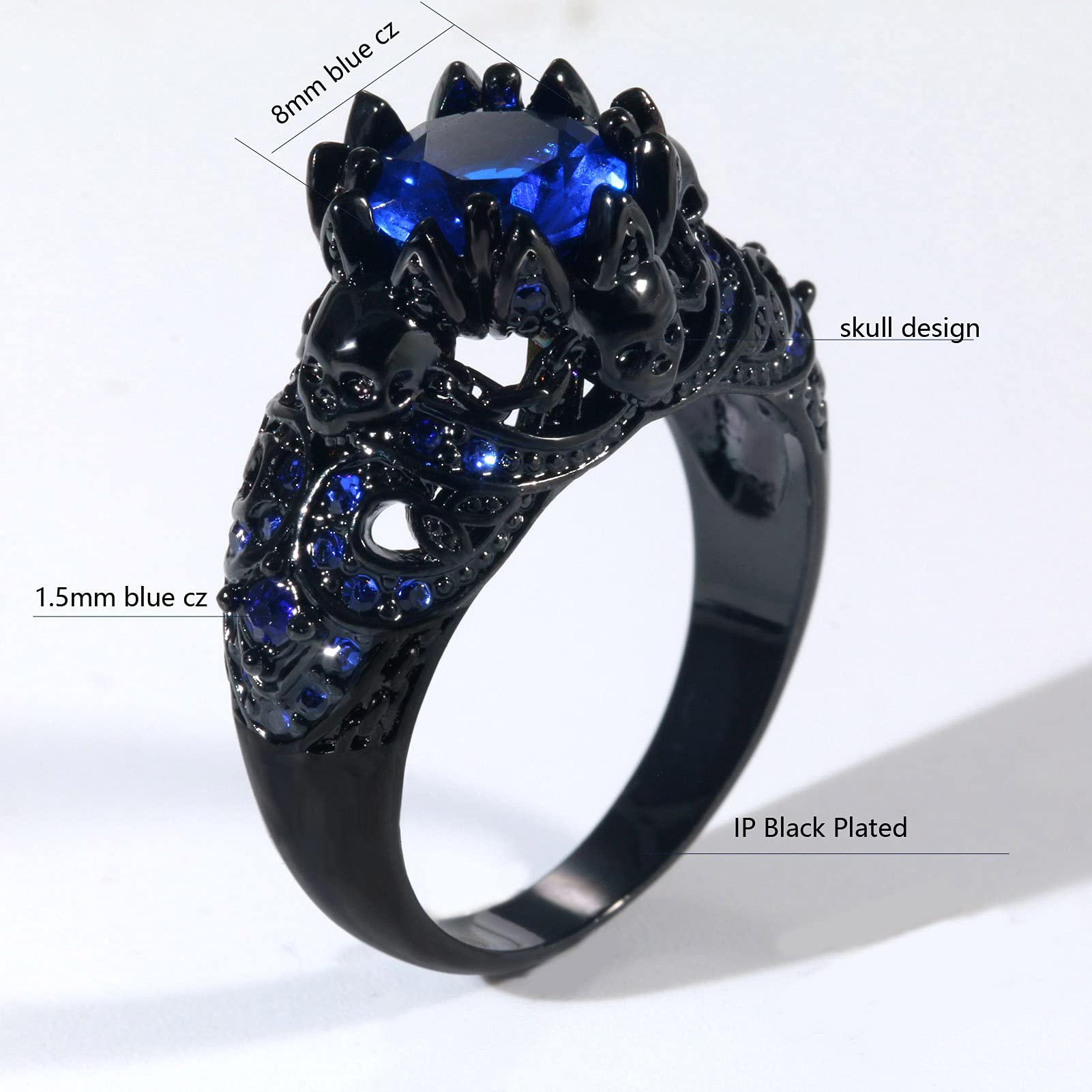 Ringcrown Black Skull Ring Round Blue Cz Womens Wedding Ring Engagement Ring Punk Ring Skeleton Ring