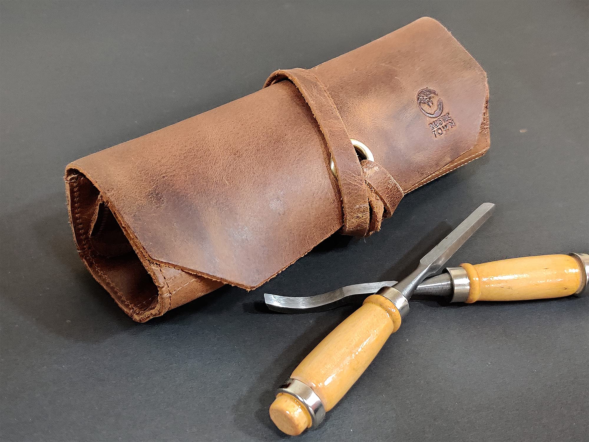 RUSTIC TOWN Leather Knife Roll Storage Bag With Tool Roll Up Pouch Travel-Friendly Chef Knife Case Roll