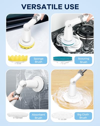 MABOGU Electric Spin Scrubber, Cordless Shower Scrubber with 8 Replaceable Brush Heads, Bathroom Scrubber Electric Dual Speeds, Shower Cleaning Brush with Extension Arm for Tub Tile Floor(Grey&White)
