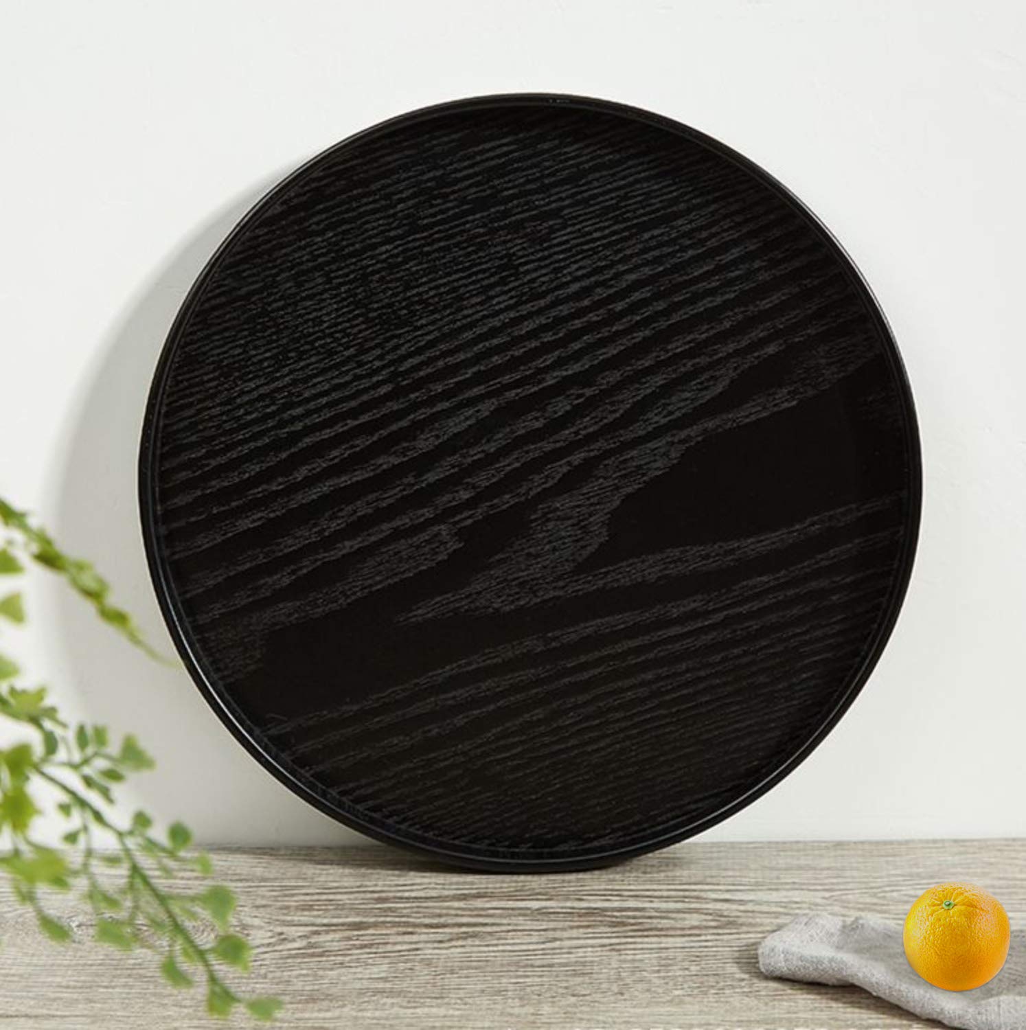 Round Wood Serving Tray, Solid Wooden Decorative Tray Non-Slip Tea Coffee Table Tray Snack Plate Food Meals Serving Tray with Raised Edges for Home Decor Kitchen Restaurant(11.8inch/30cm, Black)