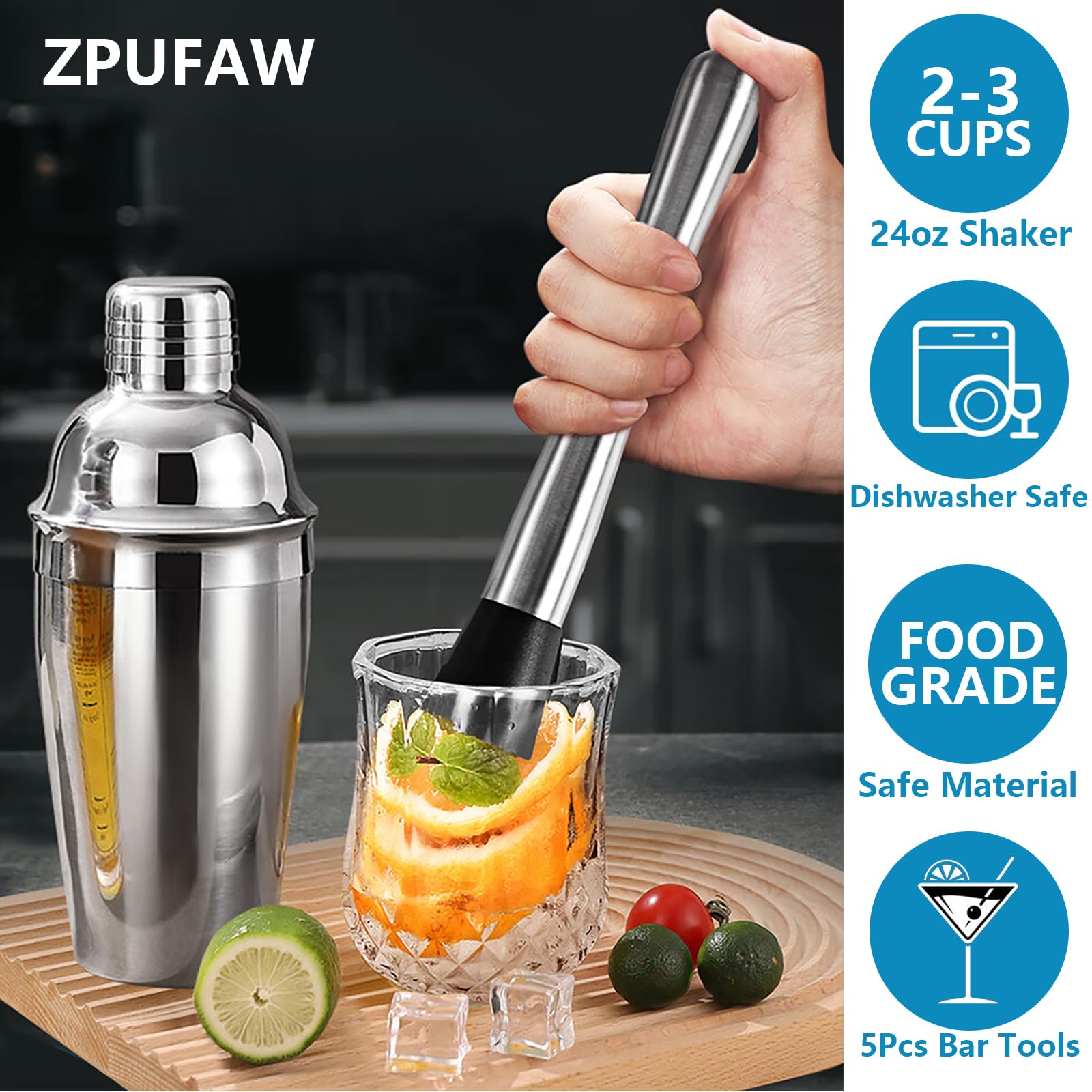ZPUFAW 5-Piece Cocktail Shaker Set 24oz Shaker Strainer Jigger T-Mixing Spoon Pour Spout Bartender Kit Stainless Steel Bar Set Housewarming Gift