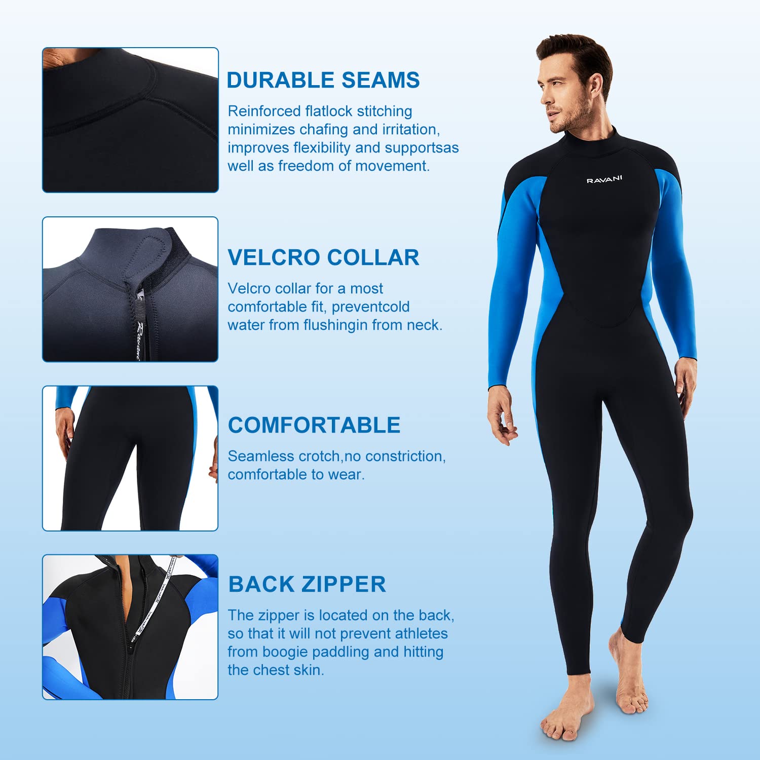 RAVANI Wetsuits for men,3mm wet suits for men in cold water in blue and black,mens wetsuit for diving, surfing, snorkeling and kayaking, Neoprene for keep warm