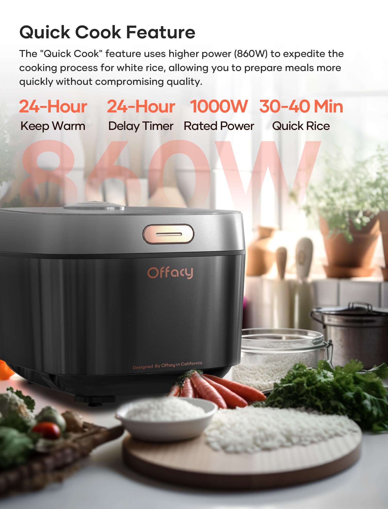Offacy Rice Cooker Maker 8 Cup Uncooked 8 Preset Programs, Smart Fuzzy Logic, Large Stainless Steel Steamer, Friendly Touch Panel and LED HD Display, Auto Keep Warm, Quick Cook, Black