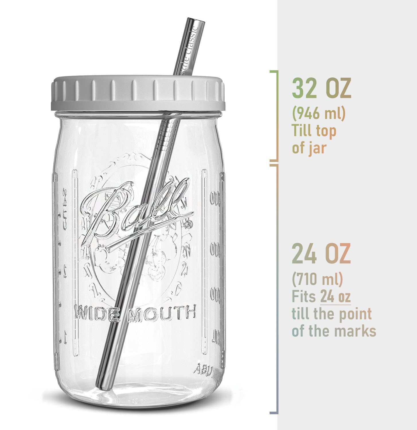 Reusable Wide Mouth Smoothie Cups Boba Tea Cups Bubble Tea Cups with Lids and Silver Straws Mason Jars Glass Cups (2-pack, 32 oz mason jars)