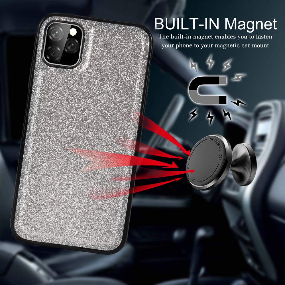 Newseego Compatible iPhone 11 Pro Max Leather Case 6.5 Inch,Glitter Faux PU Leather Magnetic Closure Multi-Credit Card Slot Cash Holder Detachable 2 in 1 Wallet Cover with Wrist Strap-Silver