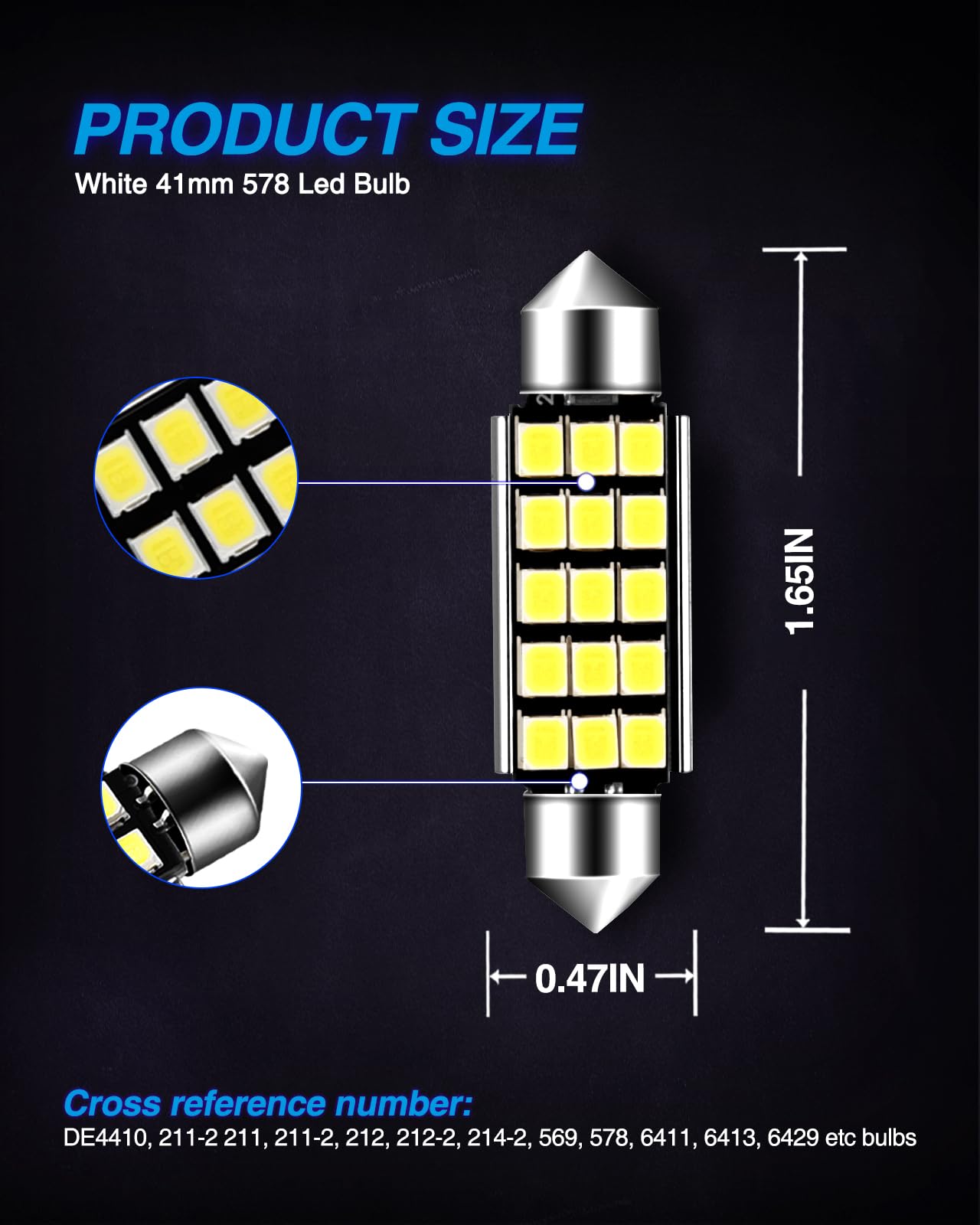 Marsauto 578 LED Bulbs Extremely Bright 400LM 2835 Chipsets for LED Interior Dome Map Door Lights Bulbs 211-2 212-2 569 6411 6451 41mm 42mm 1.65inch 6500K White (Pack of 4)
