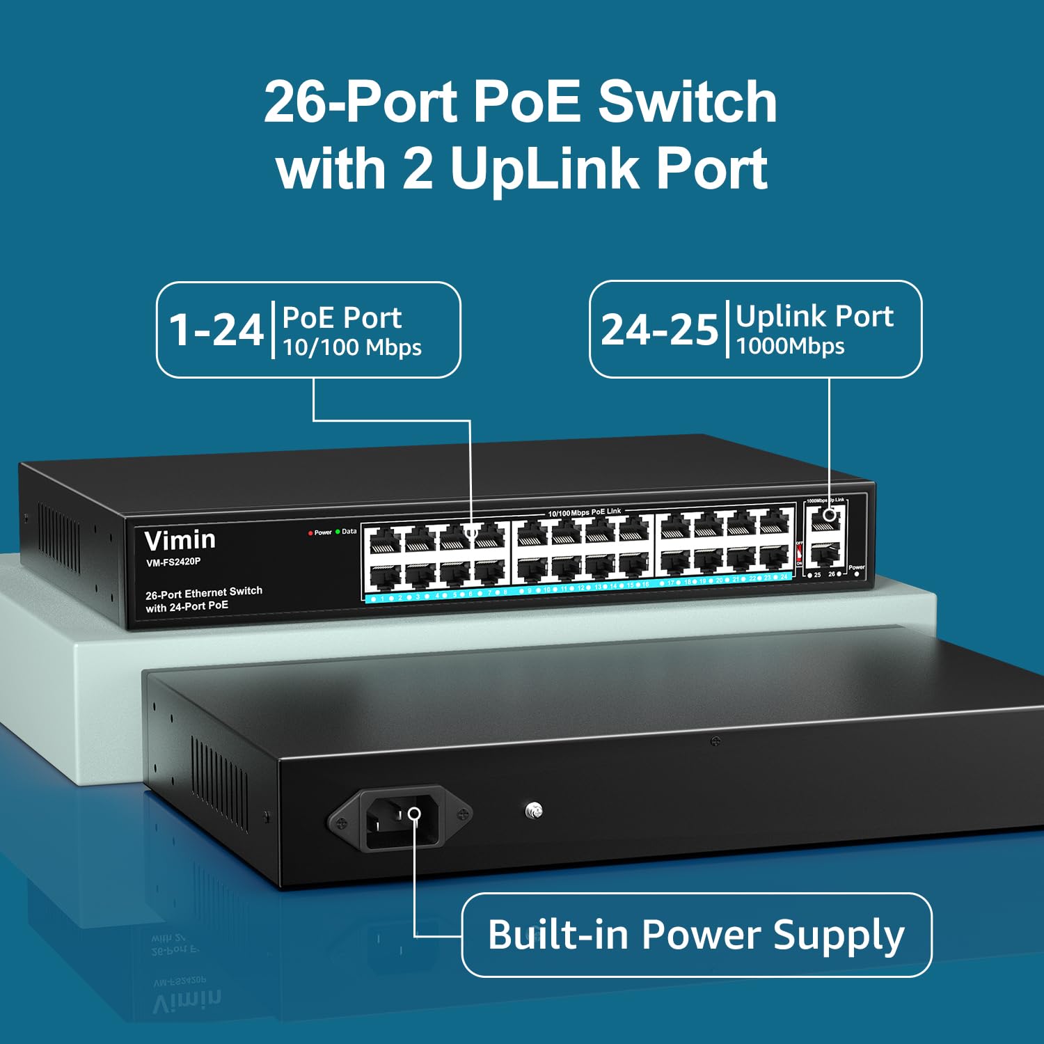 VIMIN 24 Port PoE Switch with 2 Gigabit Uplink Ports, 24 Port 10/100Mbps PoE Network Switch Unmanaged Support IEEE802.3af/at, Extend 250m, Vlan, 320W PoE Budget, Metal Case, Rackmount