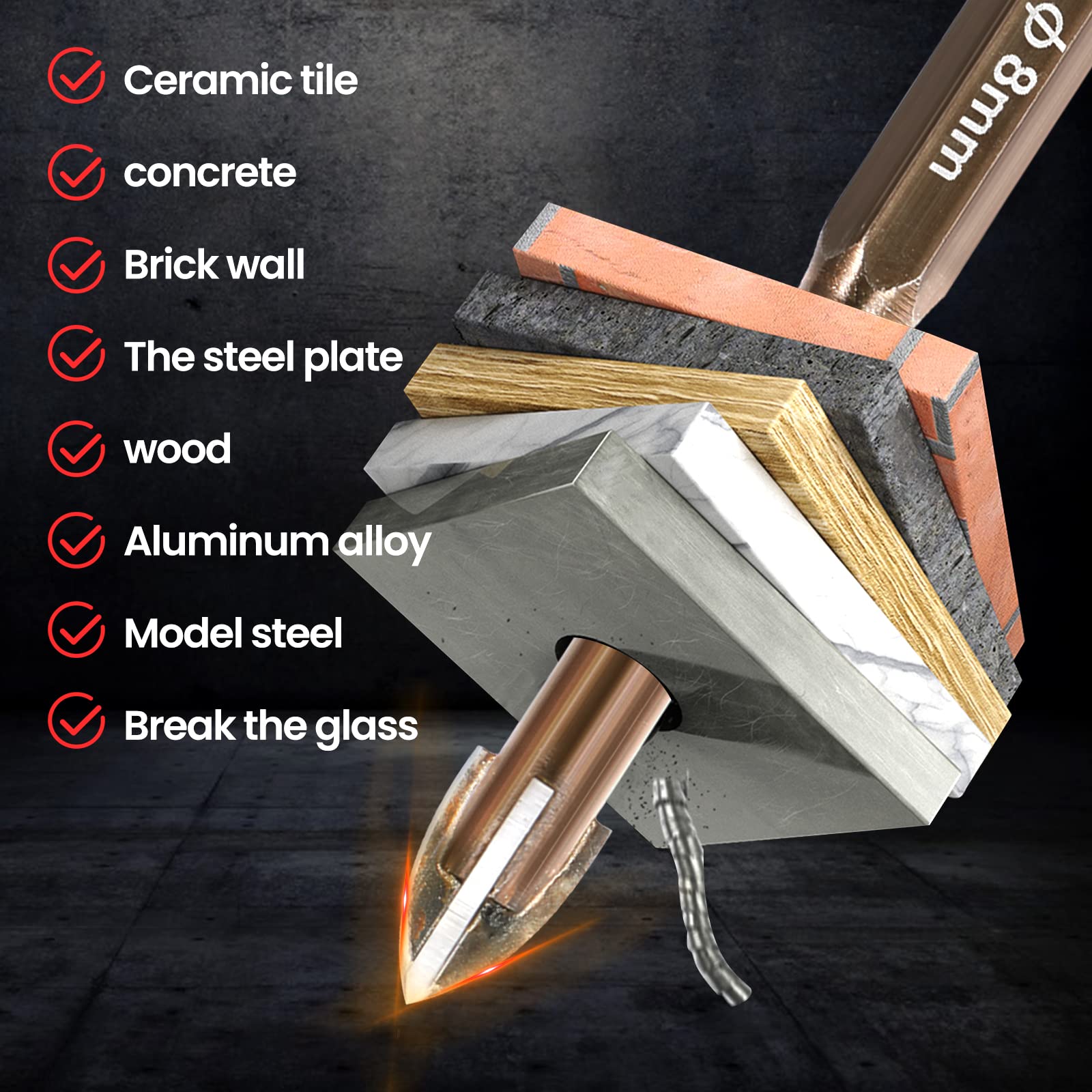 Ziermo 7 Pcs Efficient Universal Drill Tools, Triangle Drill Bits Set, Carbide Drill Bit Set & Masonry Drill Bit Set, Glass Concrete Drill Bit Set for Tile, Brick, Plastic,Wood, Wall, Mirror
