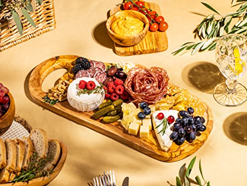 SOLTAKO Olive Wood Cutting Steak Board, Wooden Charcuterie Board, Large Cheese Board, Hand Made Serving Platter, Rustic Chopping Board with Juice Groove, Chopping Board with Handle (17,7")